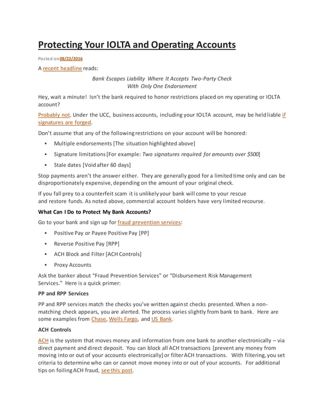 Protecting your iolta and operating accounts | DOCX | Credit Cards ...