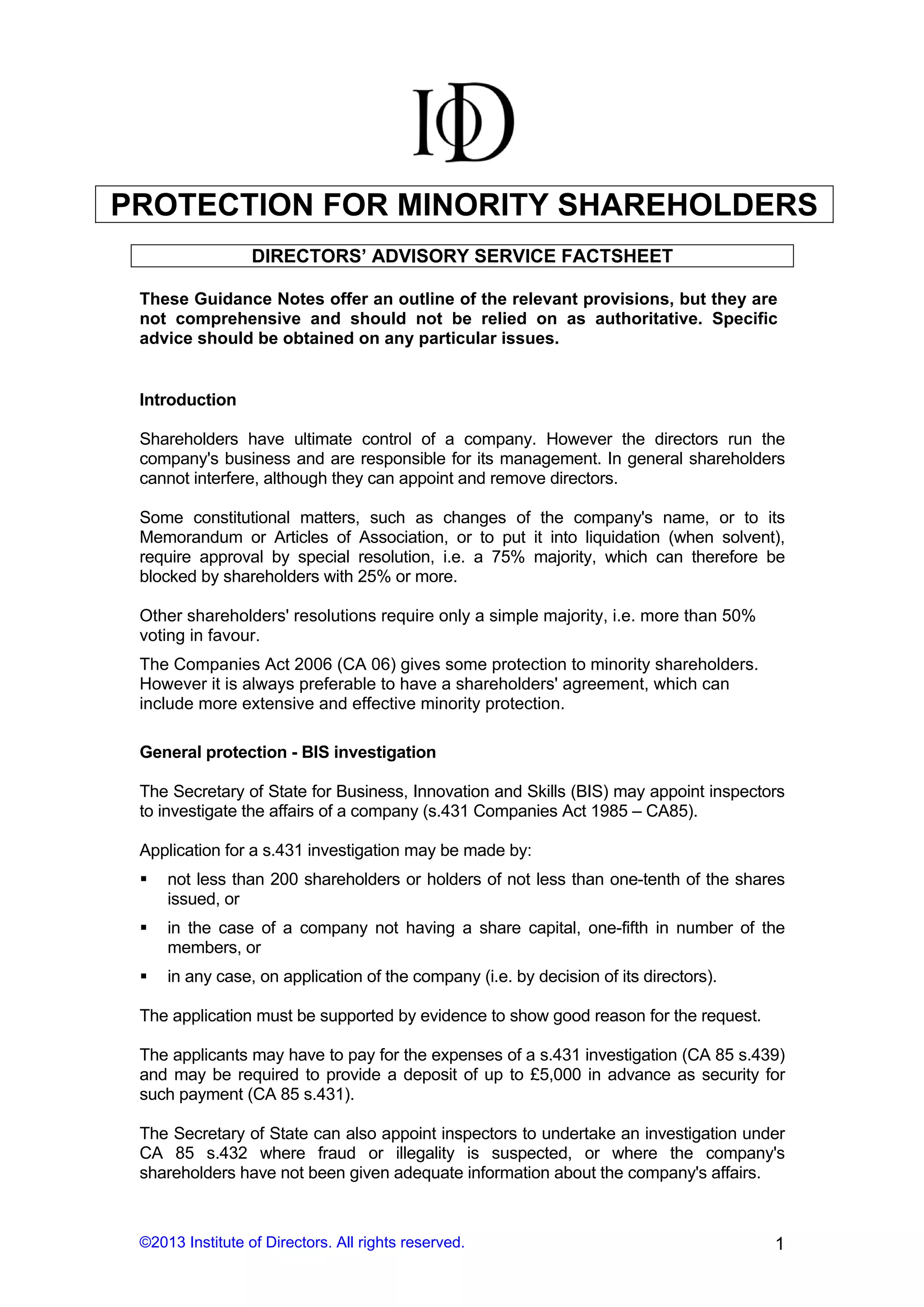 Protection for minority shareholders | PDF