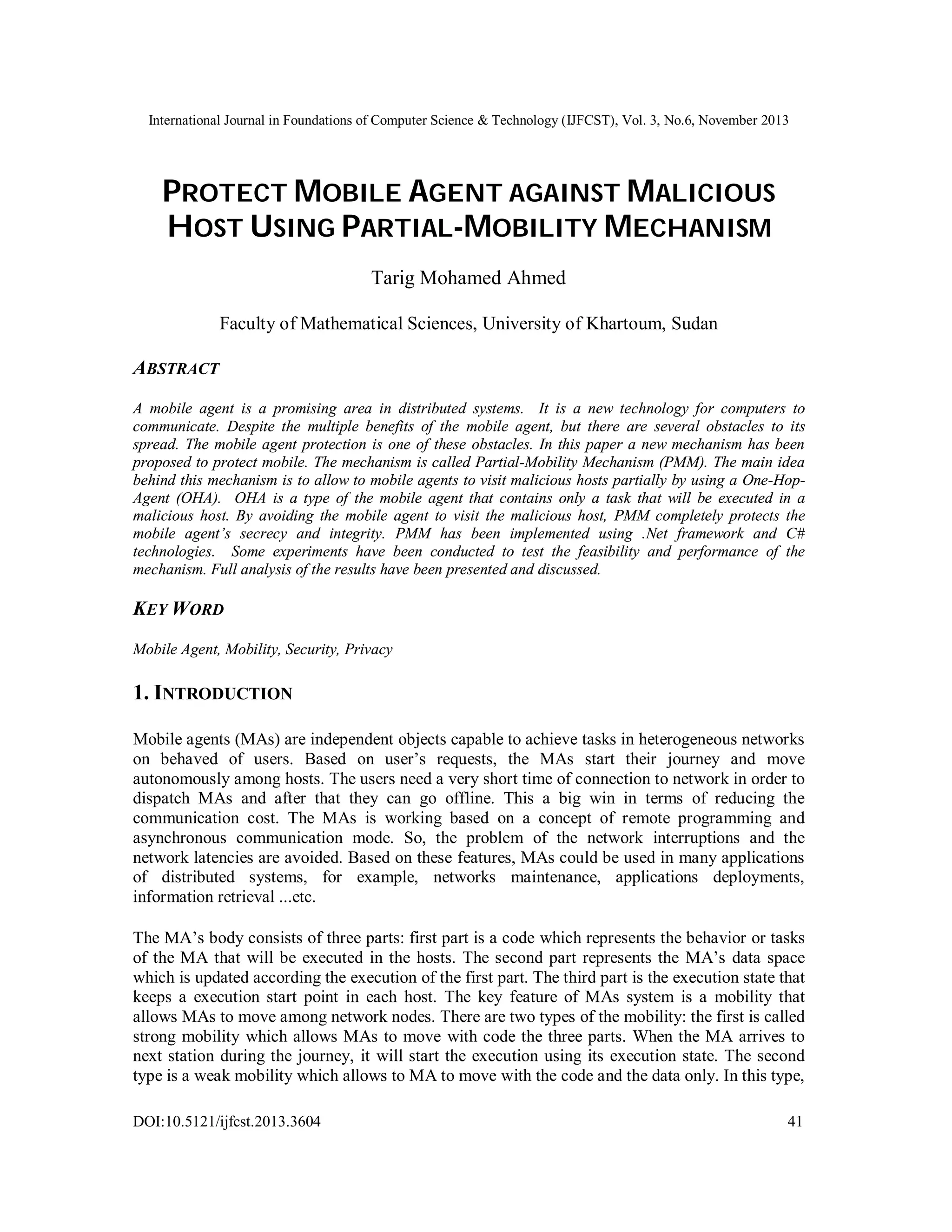 Protect mobile agent against malicious host using partial mobility ...