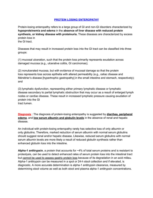 Protein Losing Enteropathy - Important points.pdf | Digestive Disorders | Diseases and Conditions