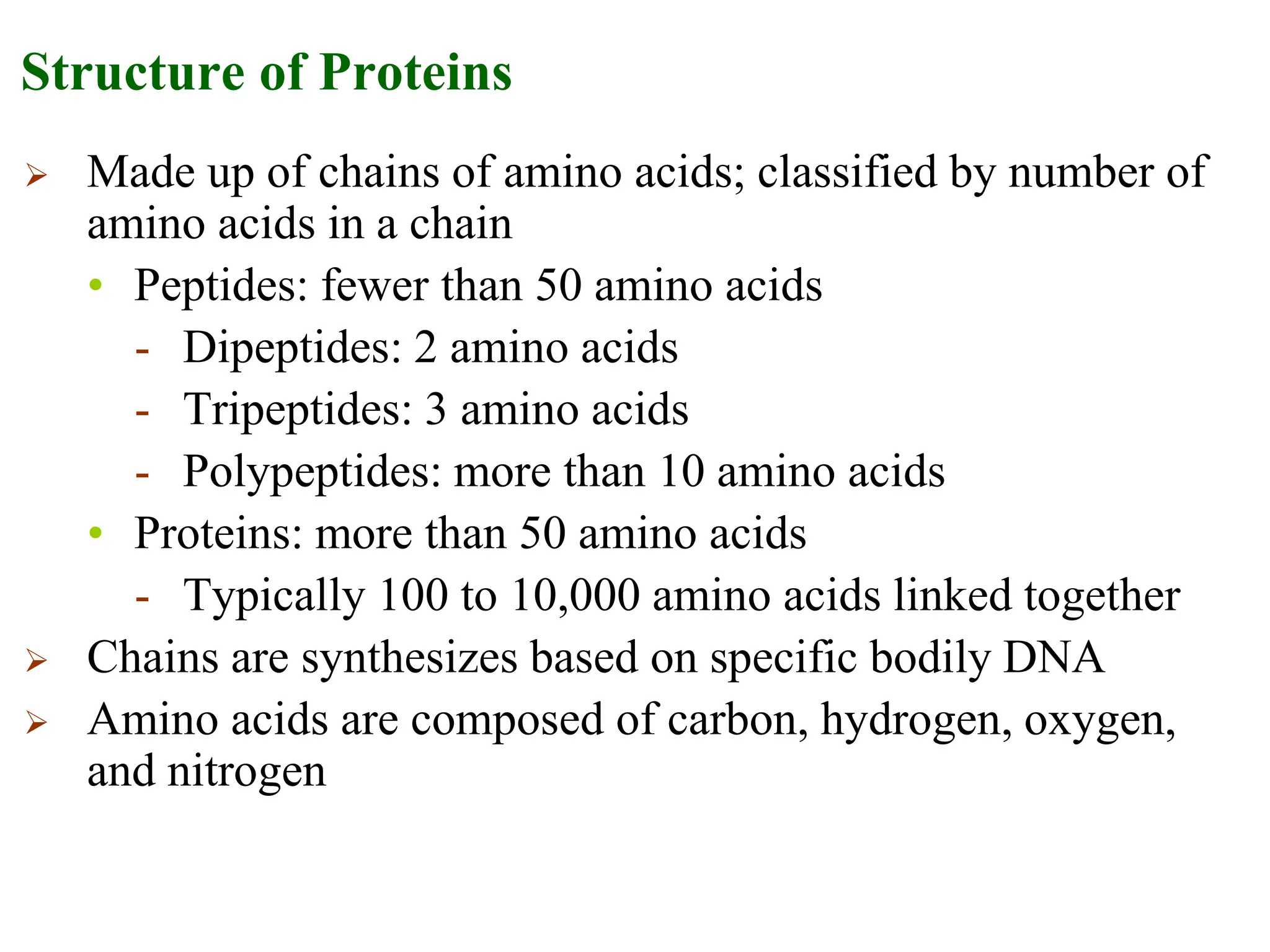 Proteins and amino acids chains of amino acids; classified by number of ...