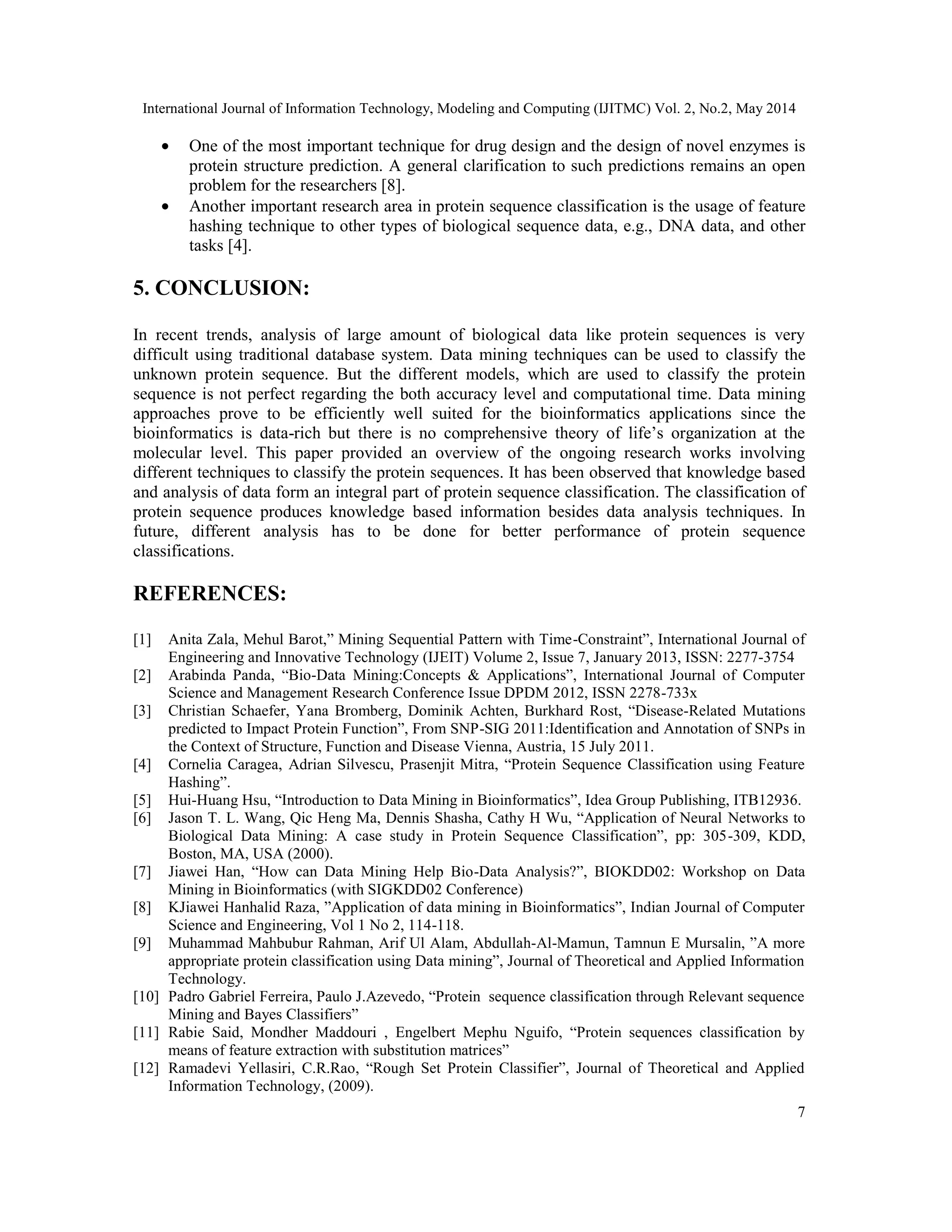 Protein sequence classification in data mining– a study | PDF