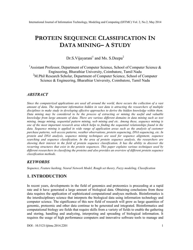 Protein sequence classification in data mining– a study | PDF