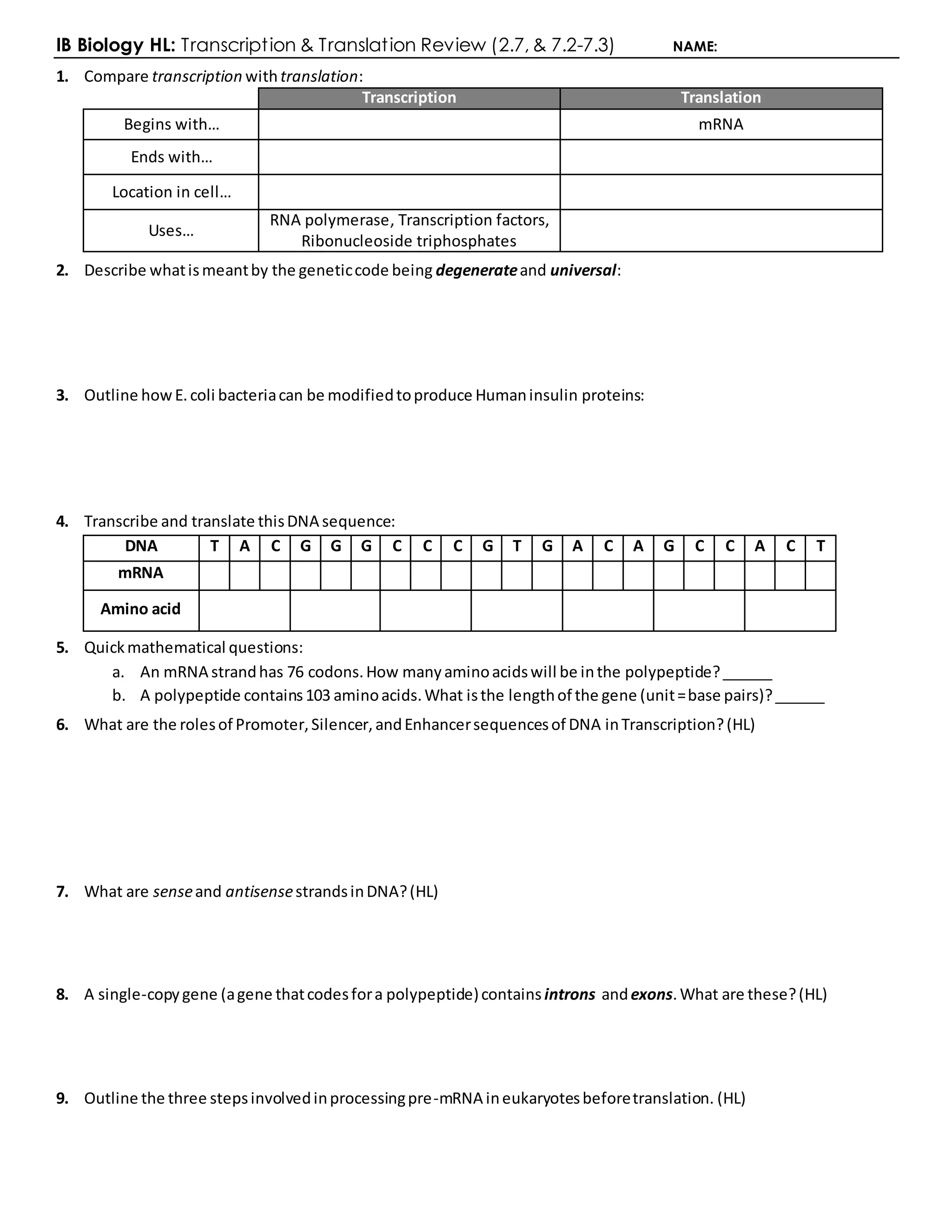 Protein Synthesis Review (2.7-7.2-7.3) | PDF