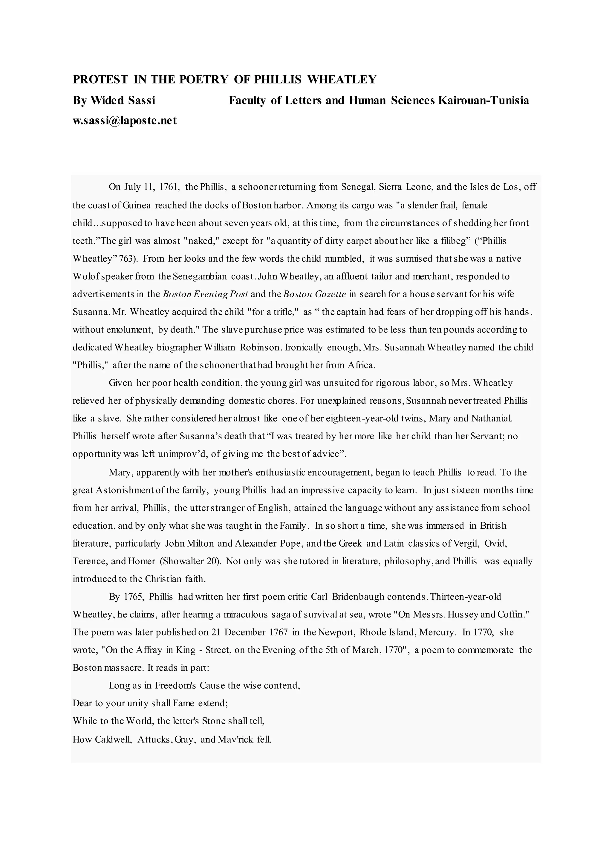 Protest in phillis wheatley's poetry | PDF