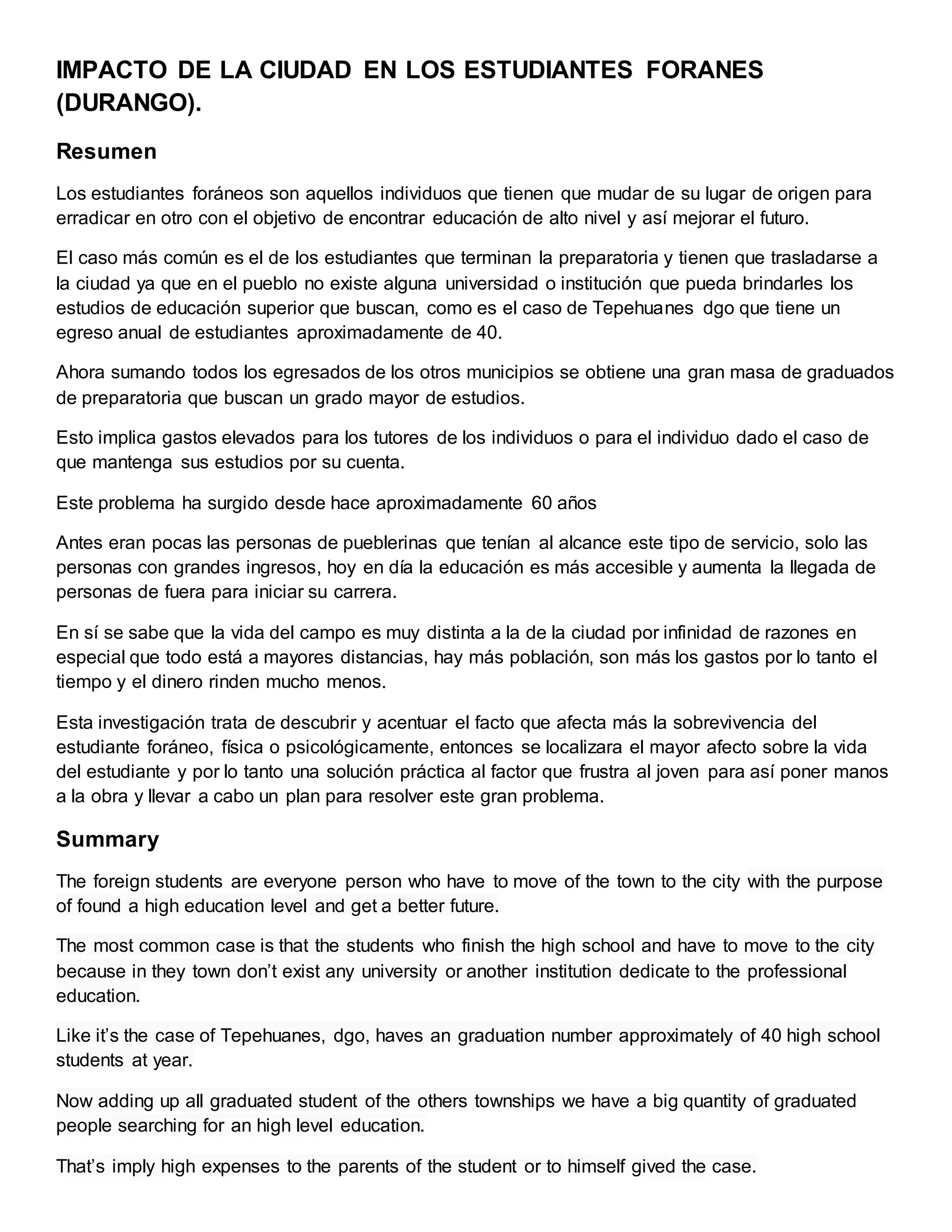 Impacto De La Ciudad De Durango En Los Estudiantes Foraneos | DOCX