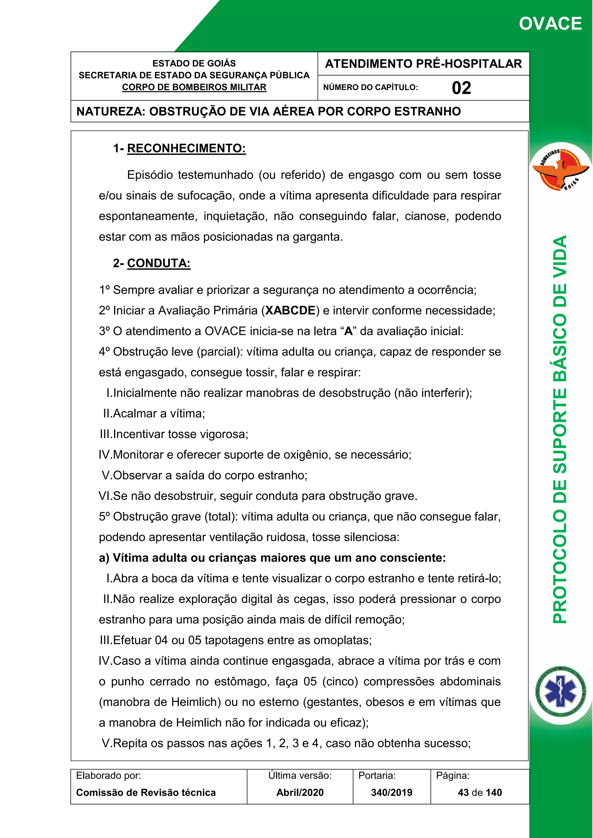 Protocolo para o Suporte Básico de Vida do CBMGO | PDF