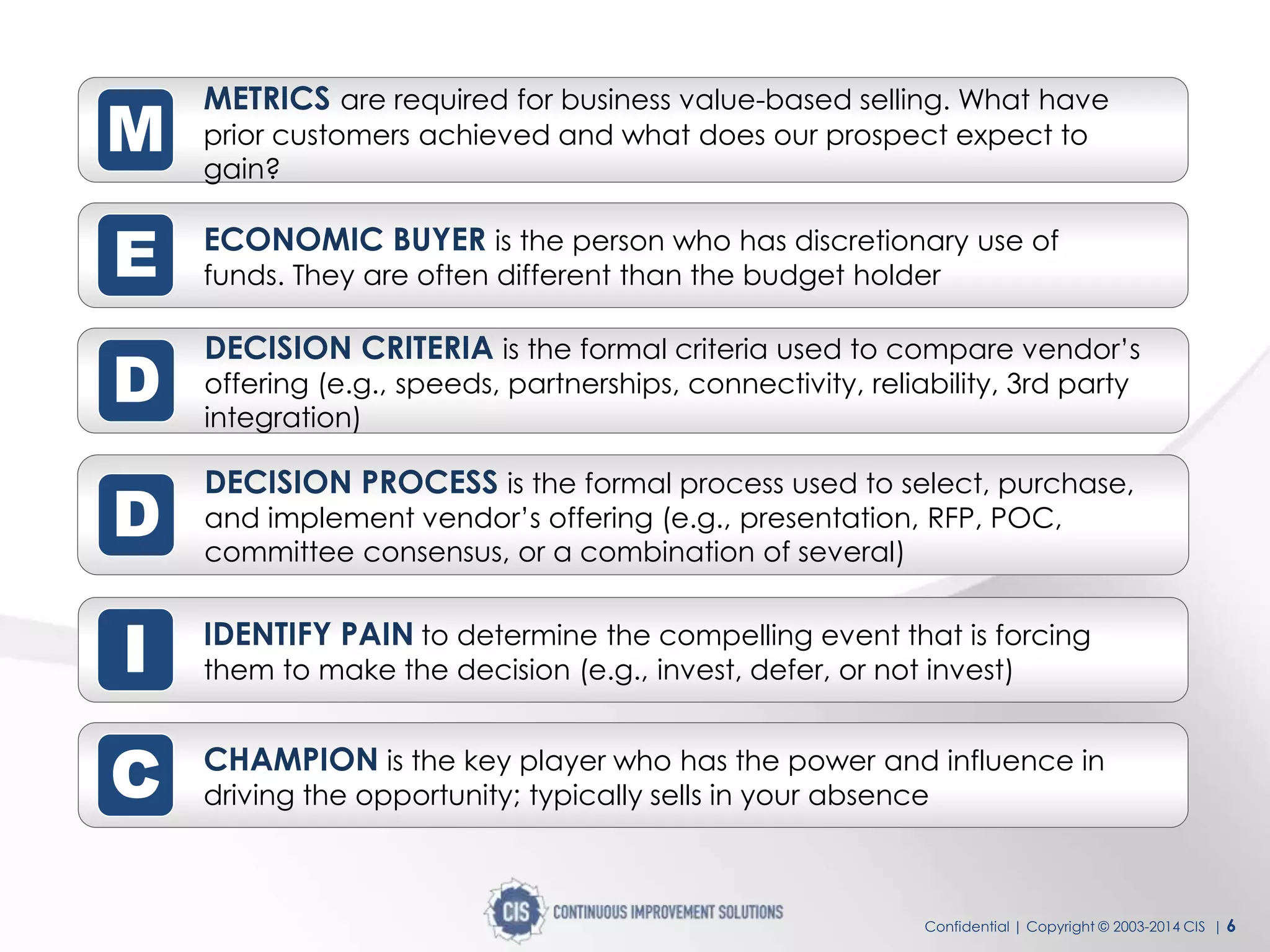 Continuous Improvement - MEDDIC high impact solution overview | PPT