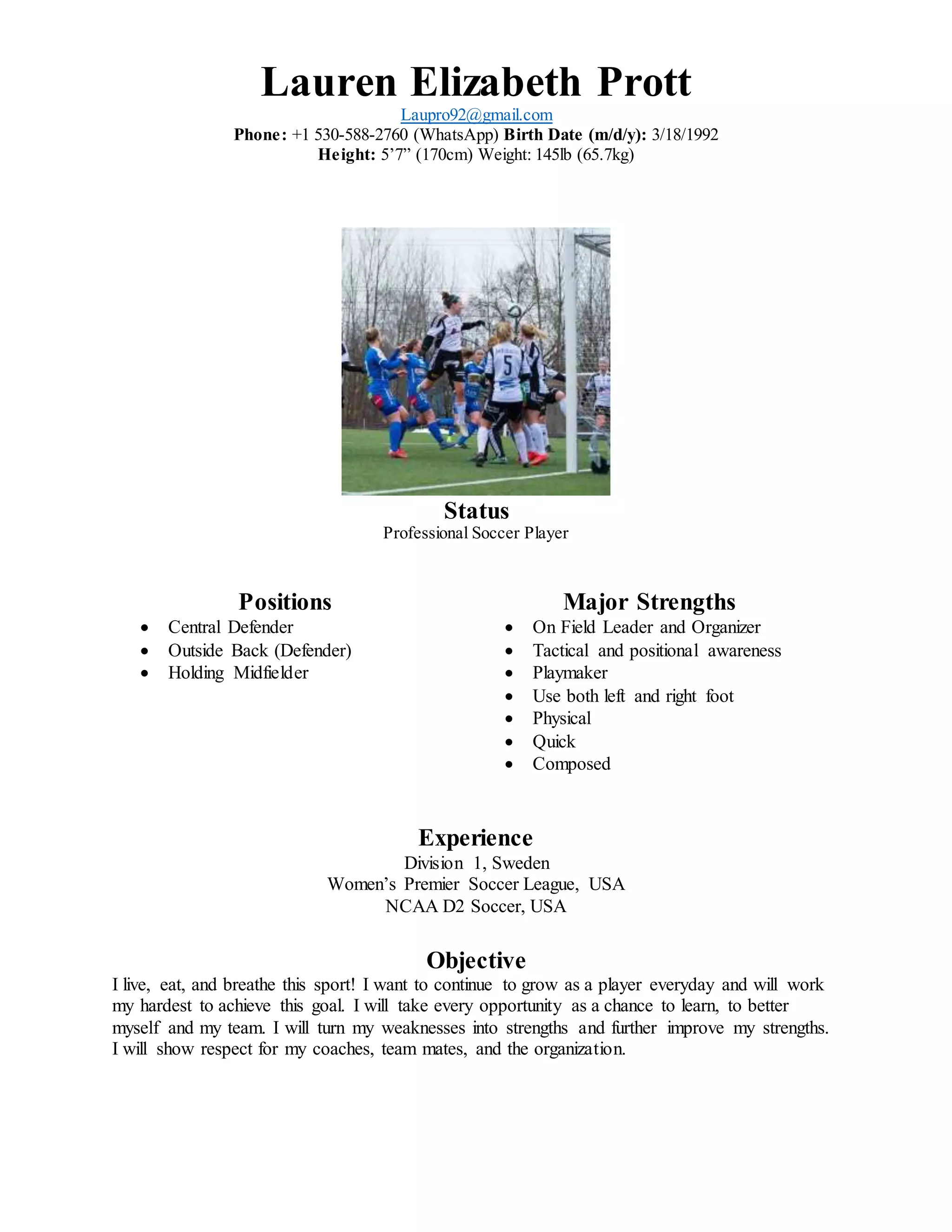 Lauren Prott Soccer CV | PDF