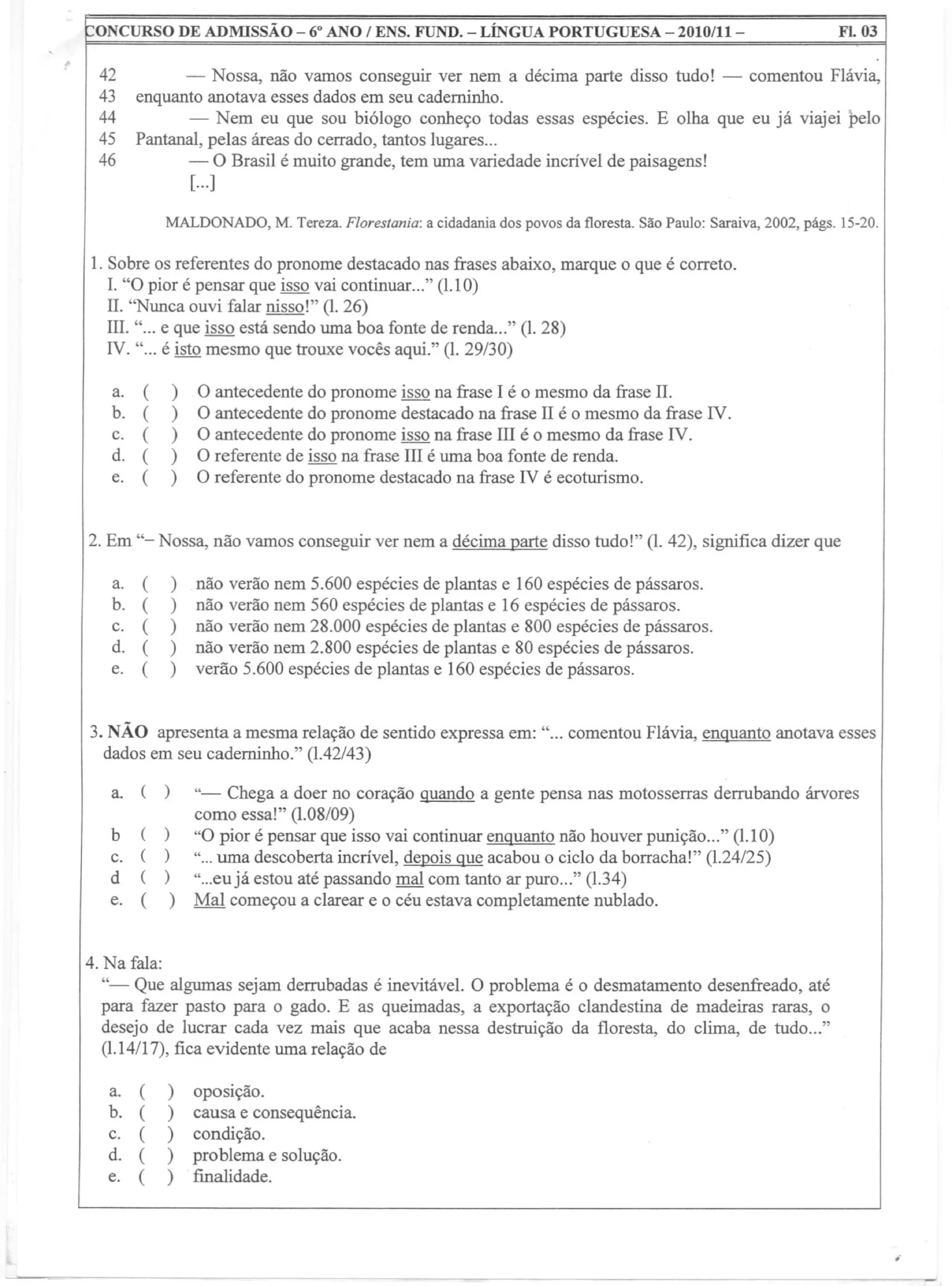 Prova 2010 2011 cmf 6 ano | PDF