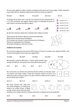 Prova Canguru da Matemática - 6º ano - 2016 | PDF
