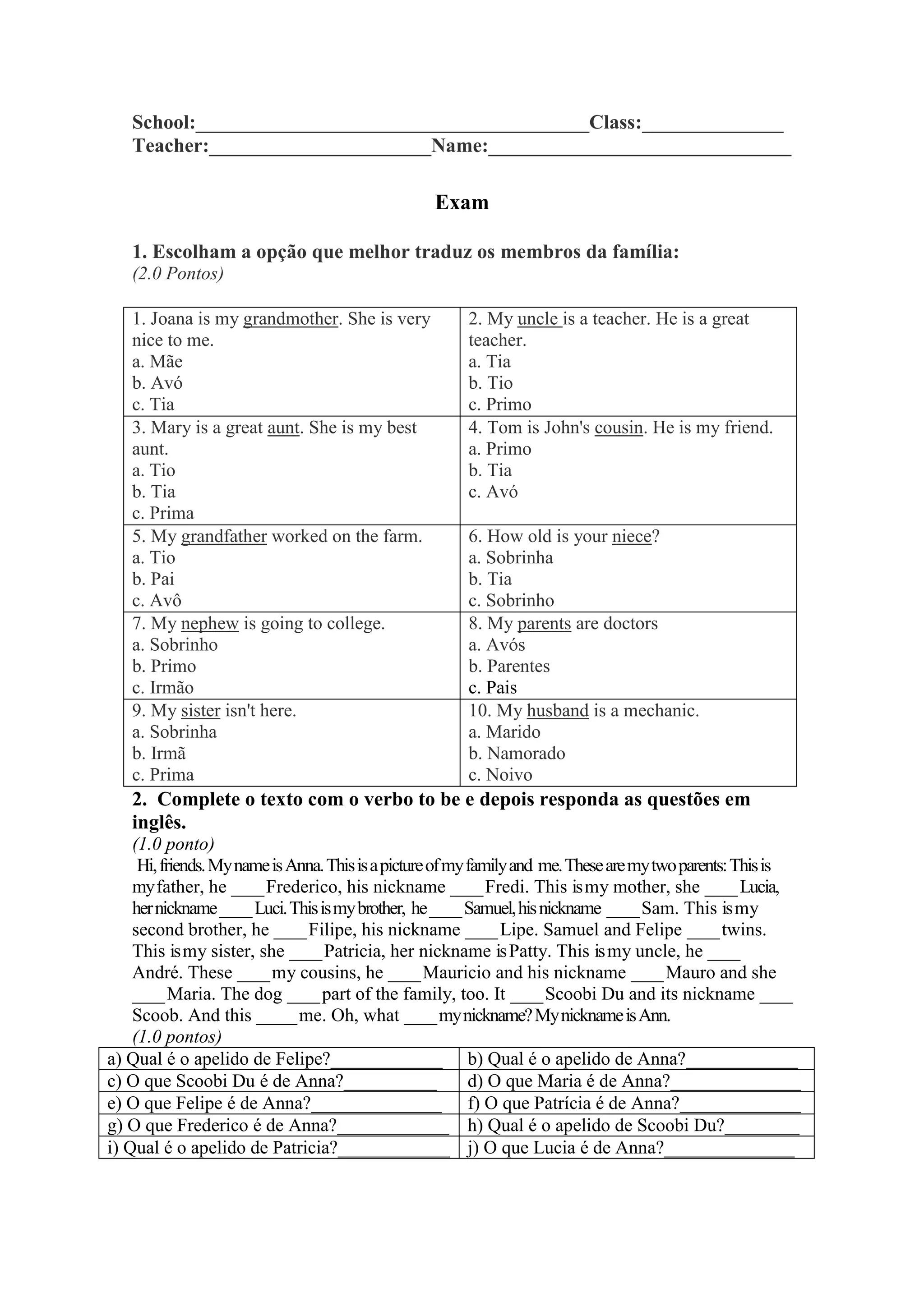 Prova de inglês para oitava série | PDF