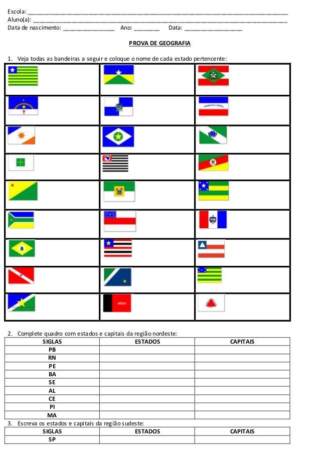 Prova De Geografia Bandeiras Mapa Estados Capitais E Siglas Do B…