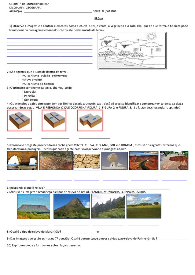 Prova de geografia 5ª série/6º ano- PLACAS TECTONICAS,LIMITES,AGENTES ...