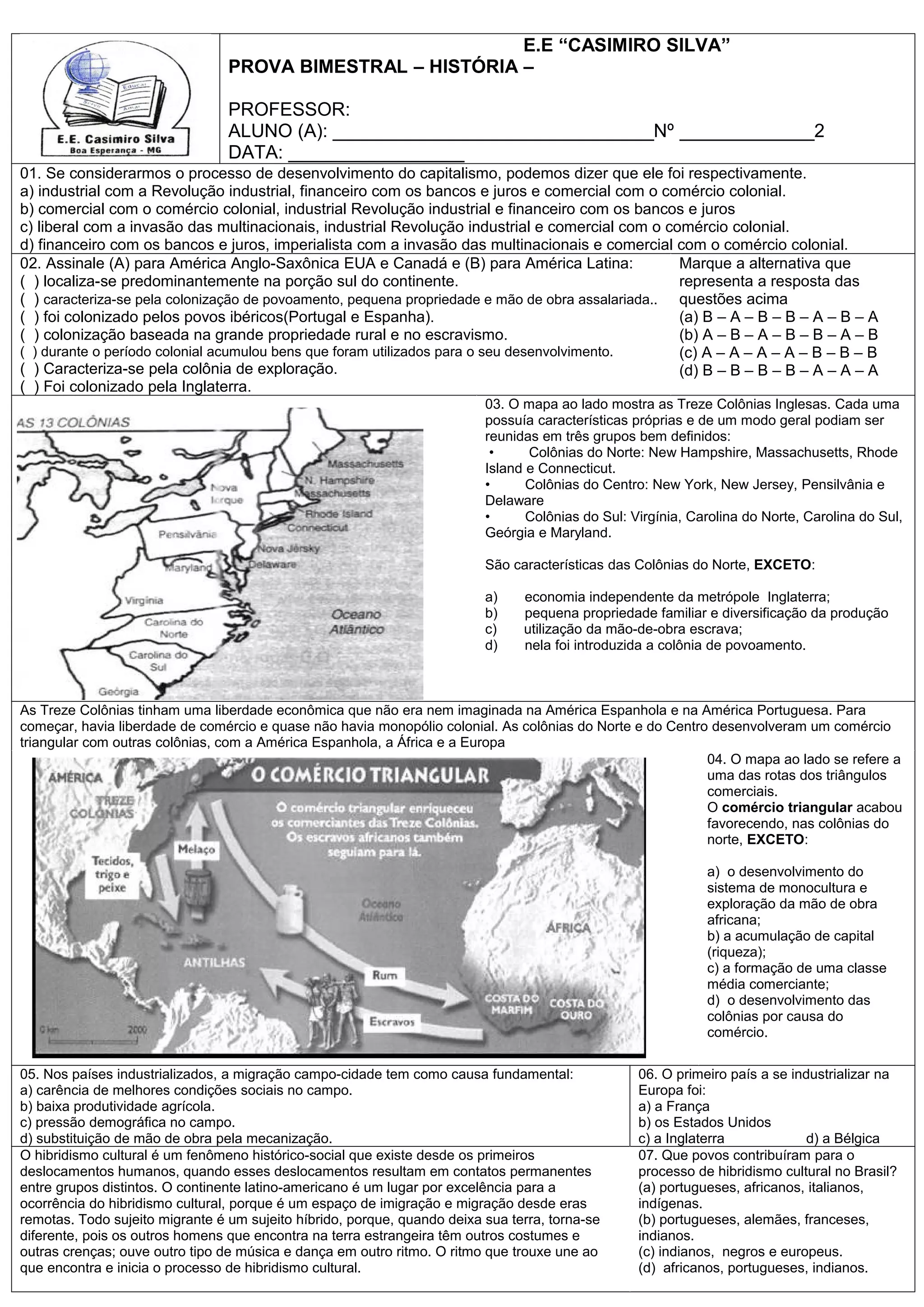 Prova de historia 2 ano 4 bimestre | DOC