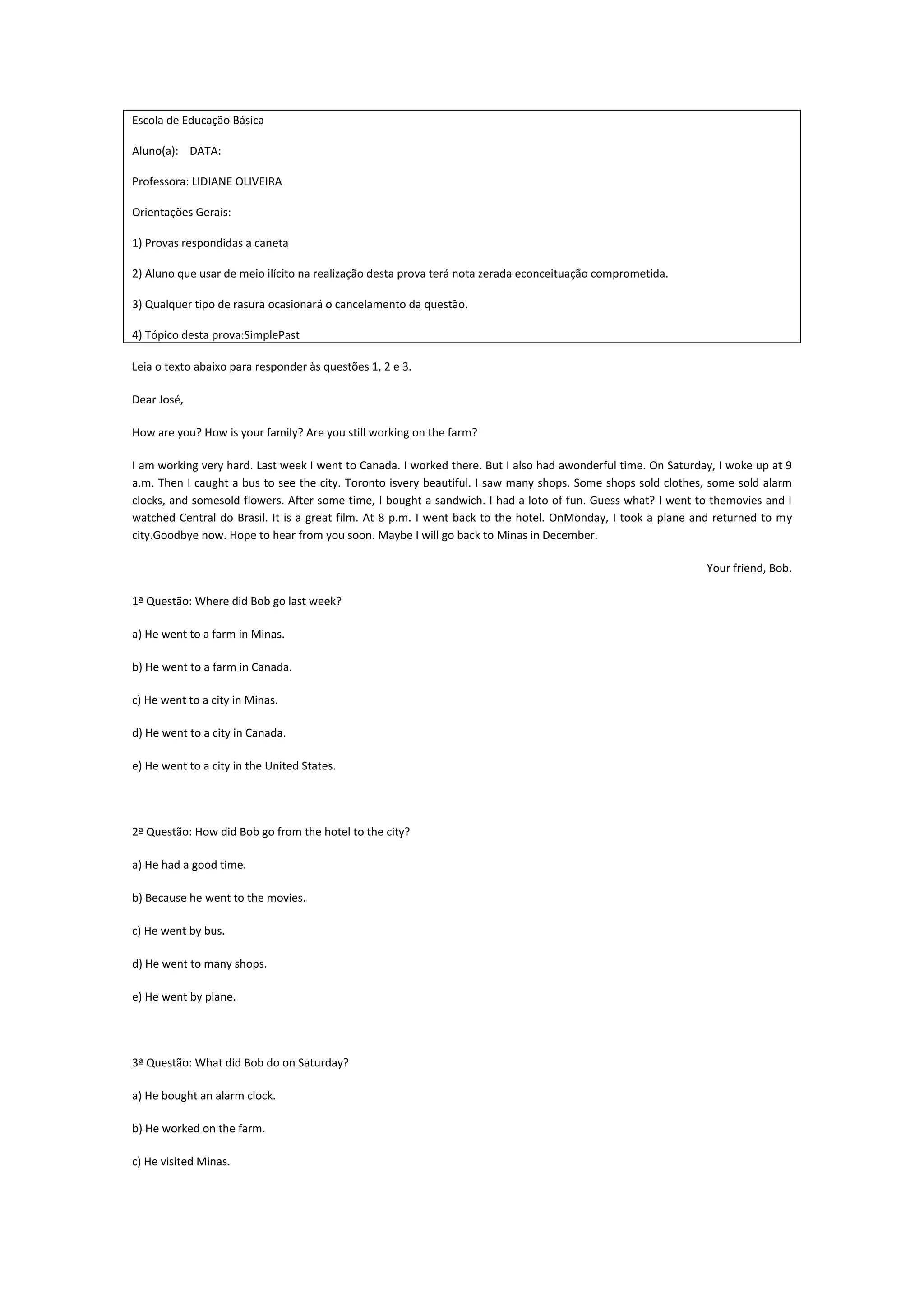 Prova de ingles simple past 2013 | DOCX