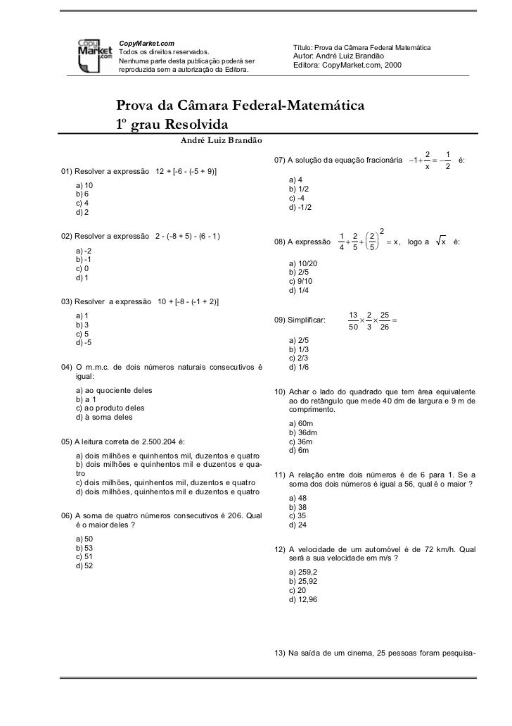 Prova de matemática para concurso