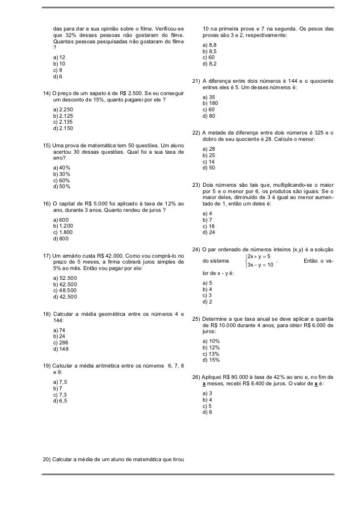 Prova de matemática para concurso