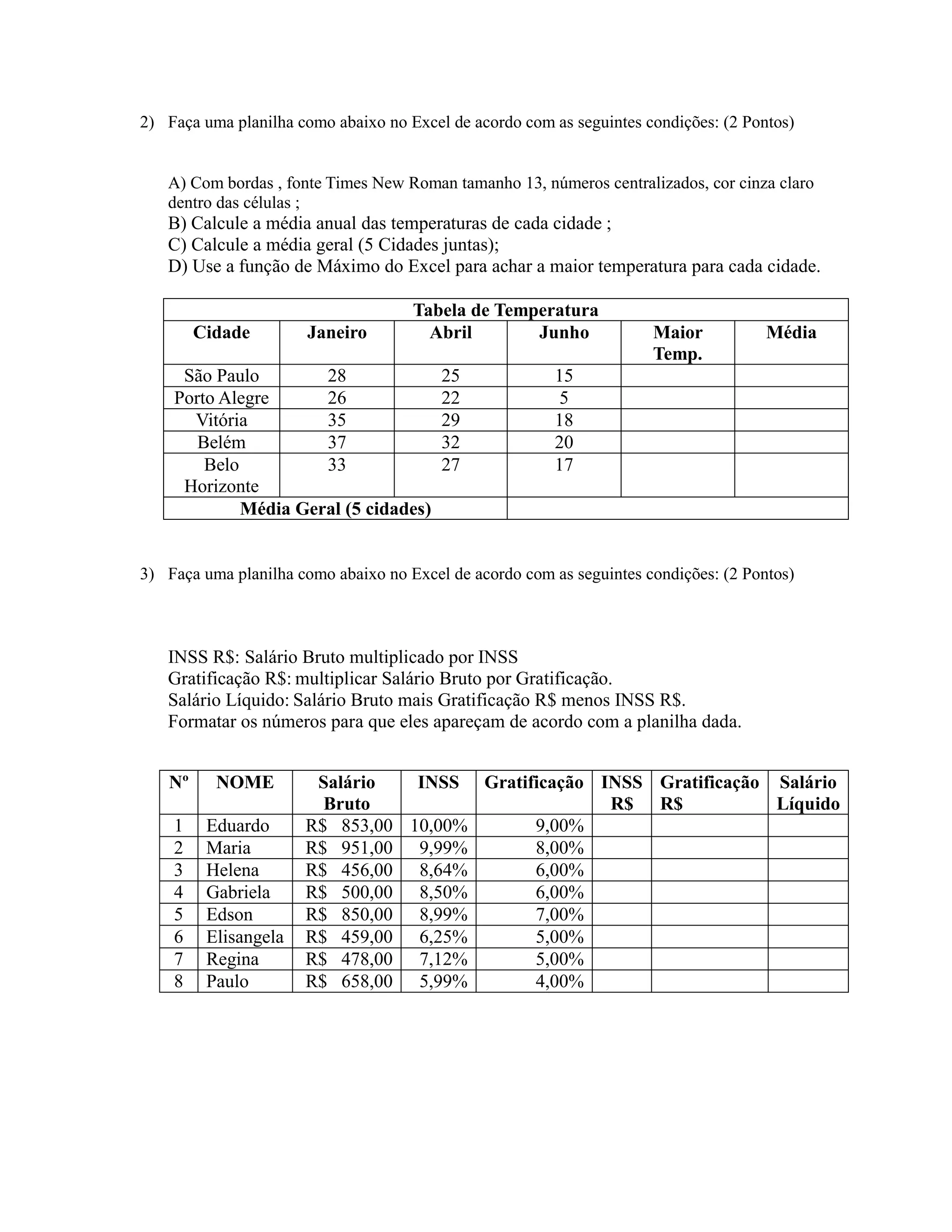 Exercícios de Excel | PDF