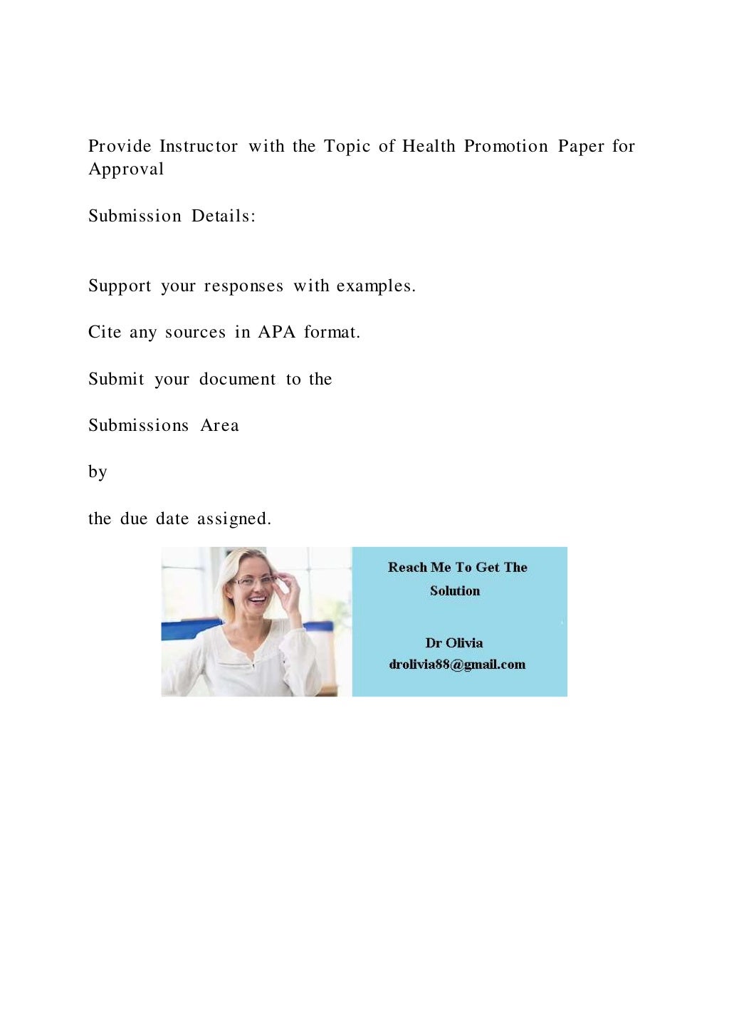 Provide Instructor with the Topic of Health Promotion Paper for Ap | DOCX