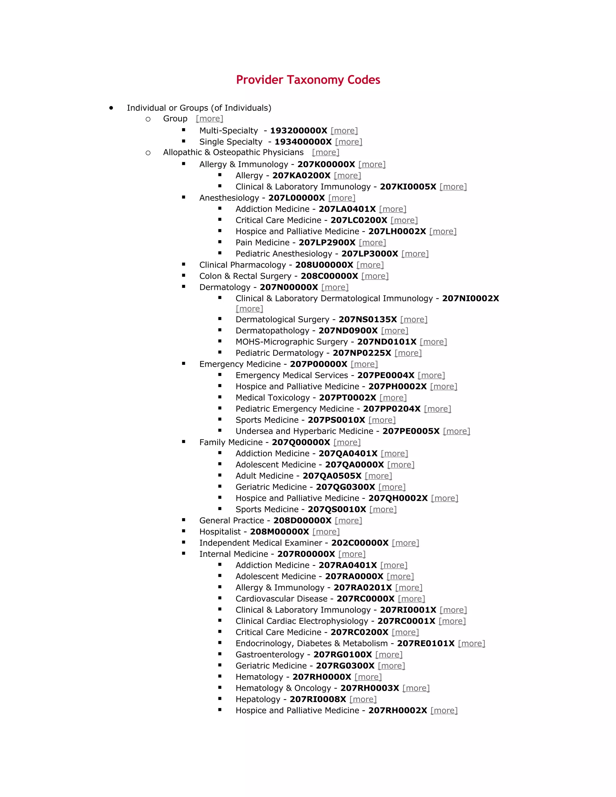 Provider Taxonomy Codes | PDF
