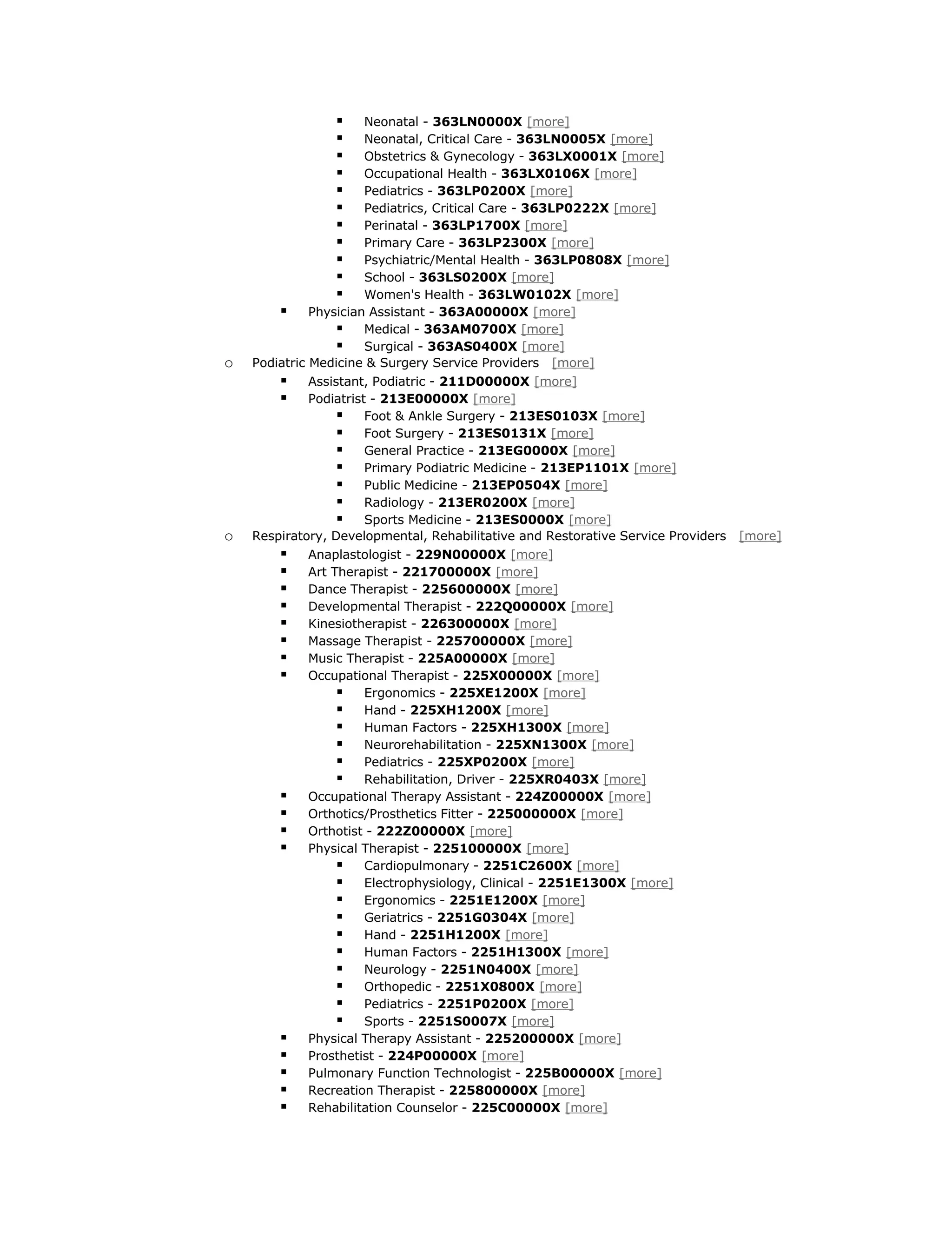Provider Taxonomy Codes | DOC