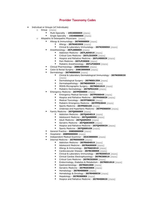 Provider Taxonomy Codes | PDF