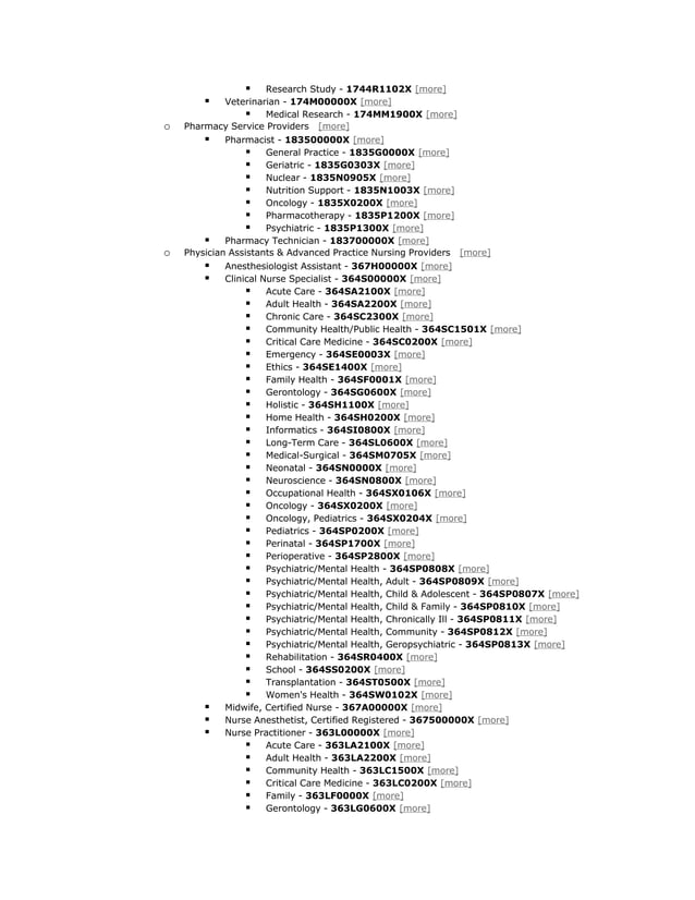 Provider Taxonomy Codes | PDF