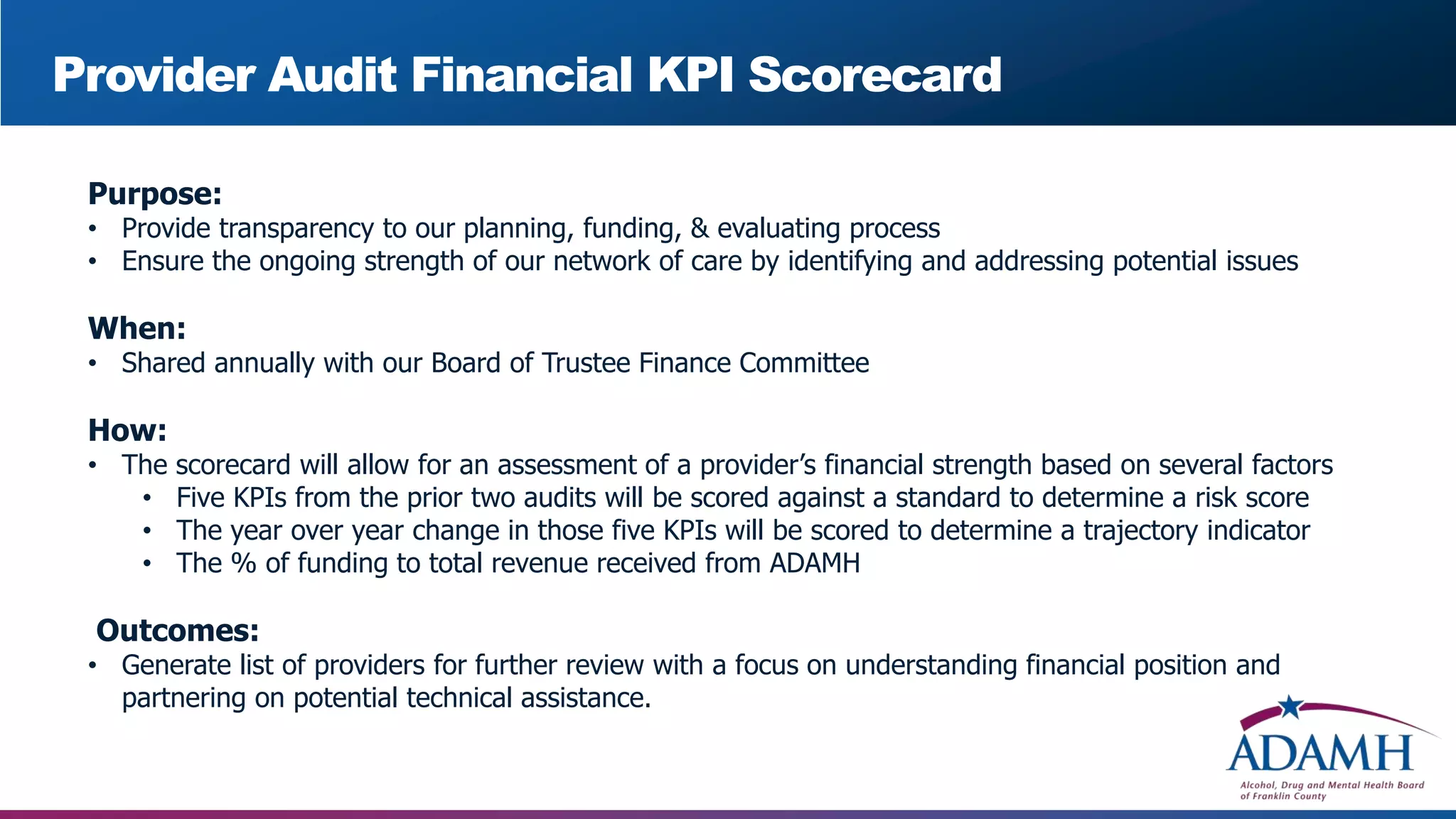 Provider Audit Financial KPI Scorecard 1.6.21