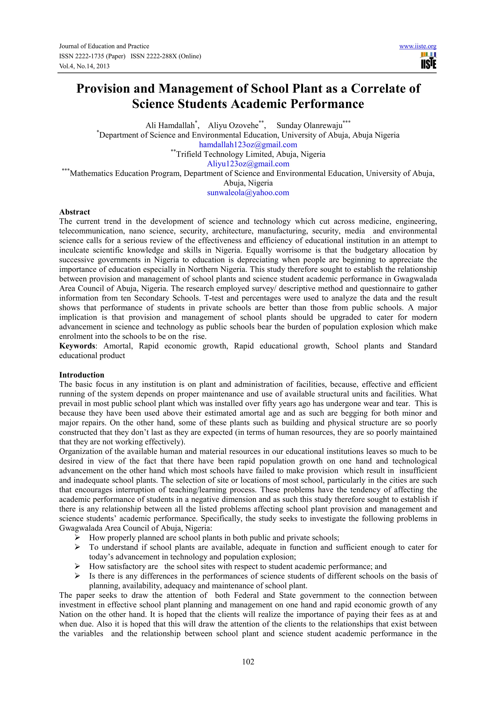 Provision and management of school plant as a correlate of science ...