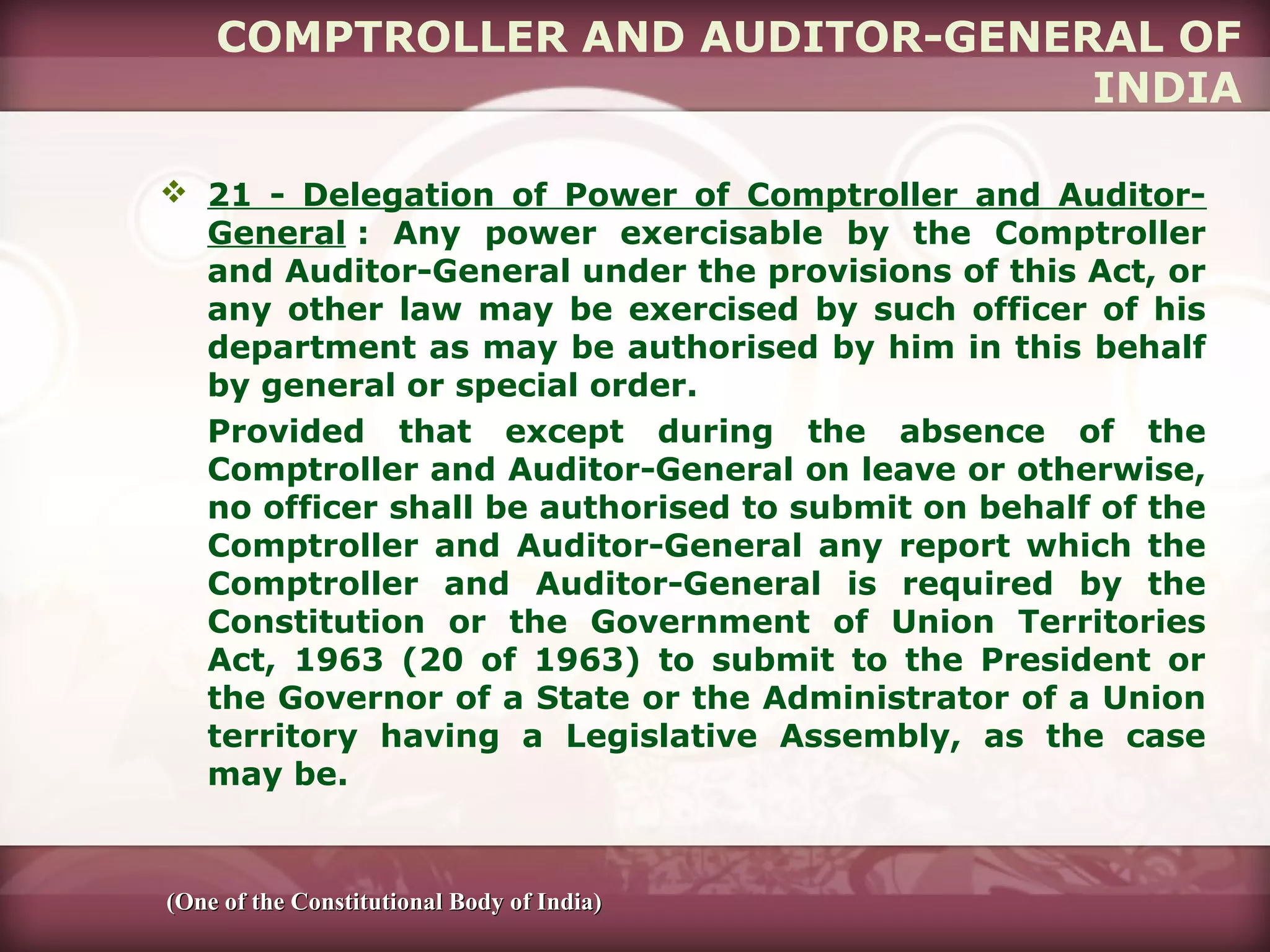 Presentation on the Provisions of CAG's (DPC) Act, 1971 | PPT