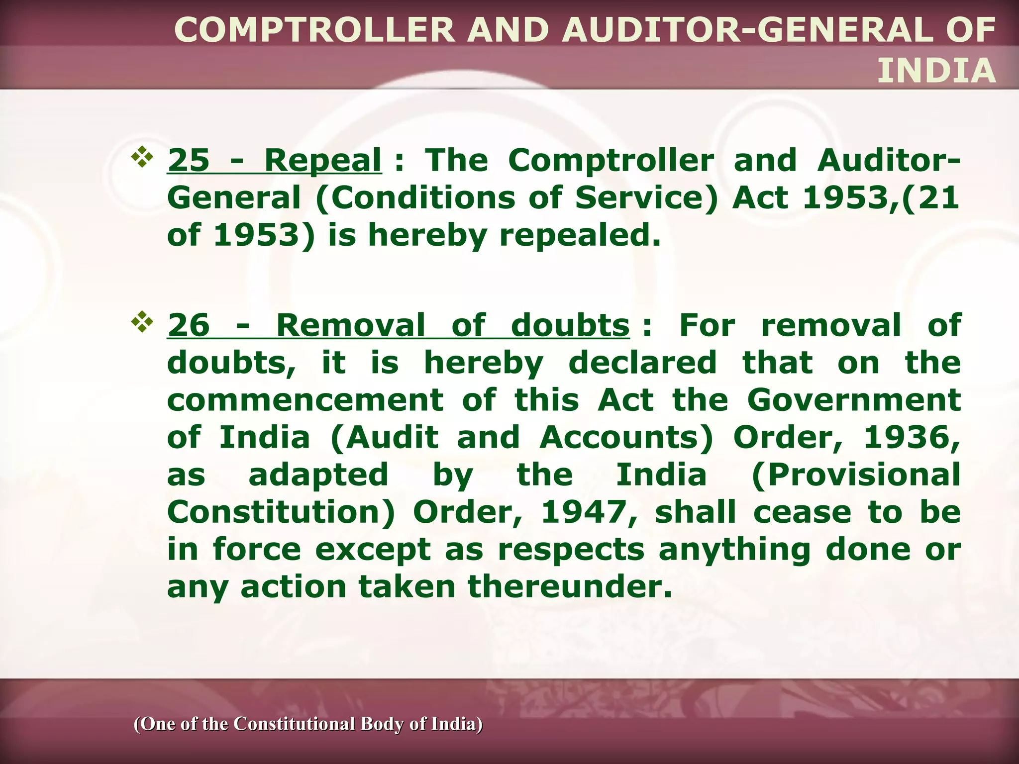 Presentation on the Provisions of CAG's (DPC) Act, 1971 | PPT
