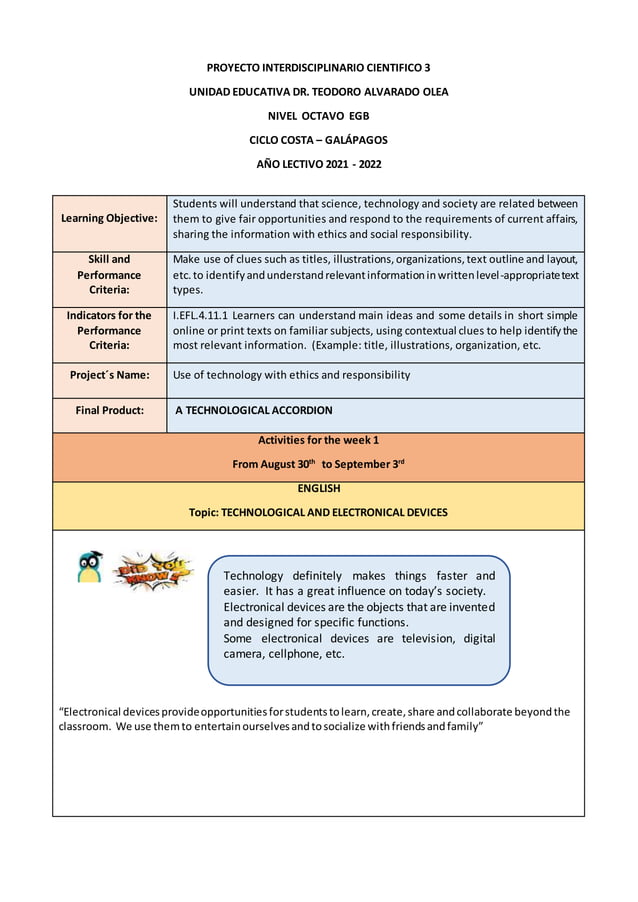 Proy. cientifico 3 octavo | DOCX | Consumer Electronics | Technology & Computing