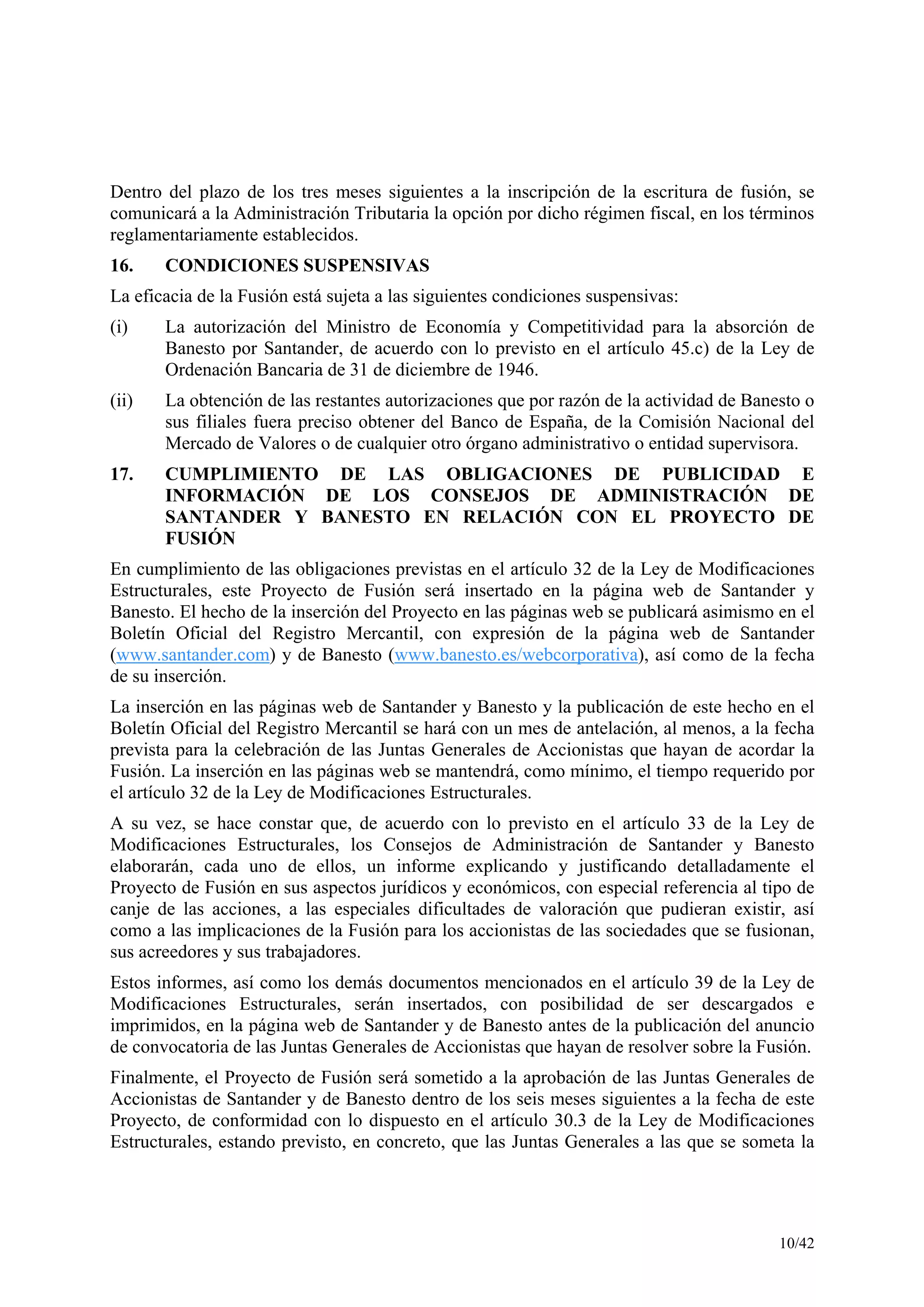 Proyecto común de fusión Santander - Banesto | PDF