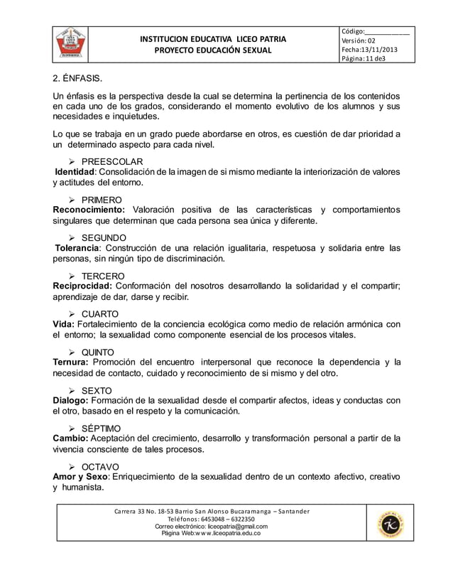 Proyecto De Educacion Sexual 2016 Pdf