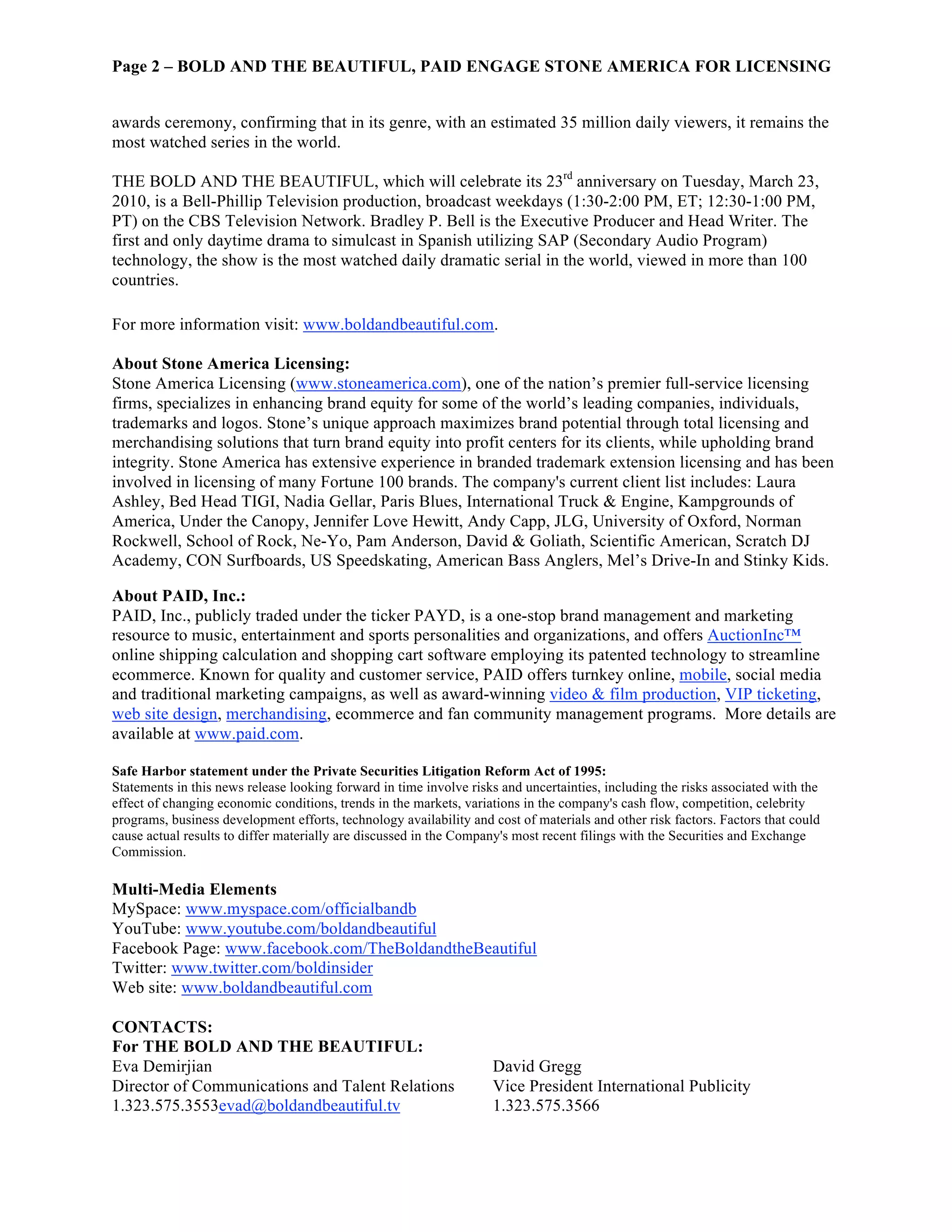 THE BOLD AND THE BEAUTIFUL AND PAID, INC. SIGN WITH STONE AMERICA AS LICENSING AGENT | PDF