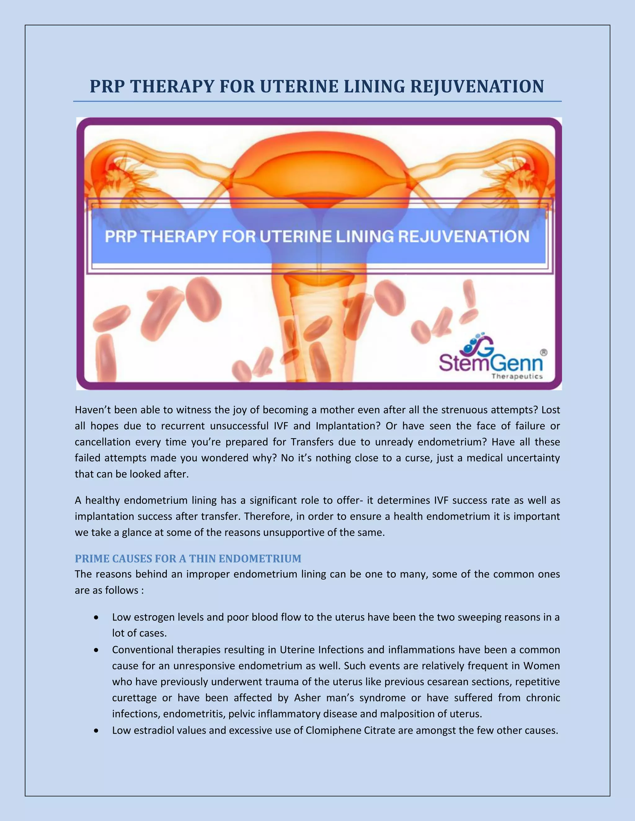 PRP THERAPY FOR UTERINE LINING REJUVENATION | PDF