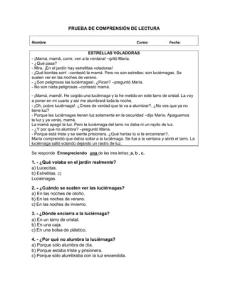 la Prueba Compresión Lectura niños y niñas | PDF