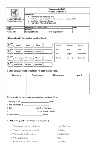 Prueba 3° unid 1 Inglés | PDF