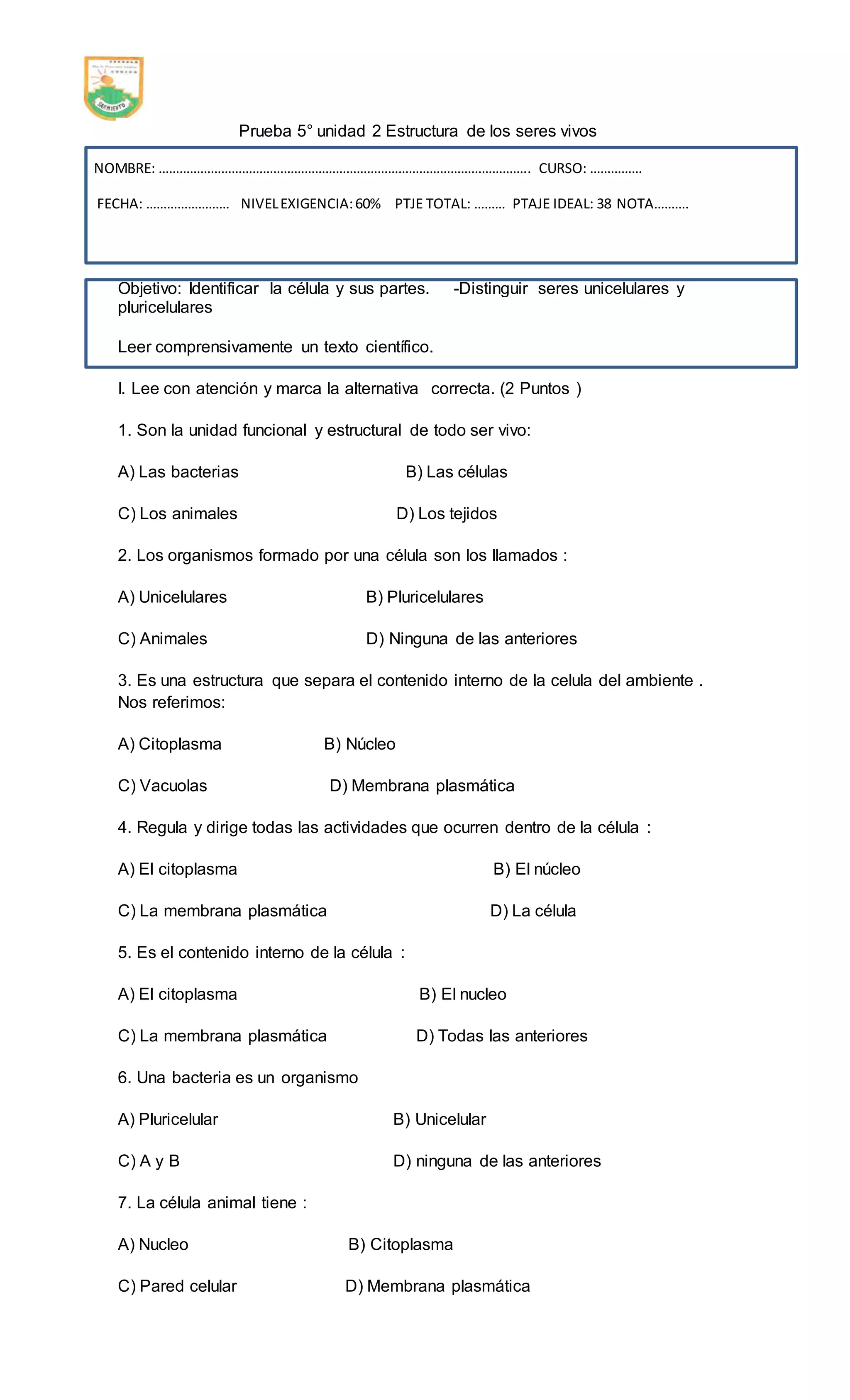 Prueba 5 la celula | DOCX