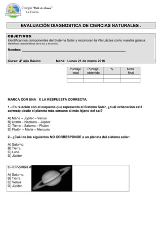 Prueba Del Sistema Solar Grado 4