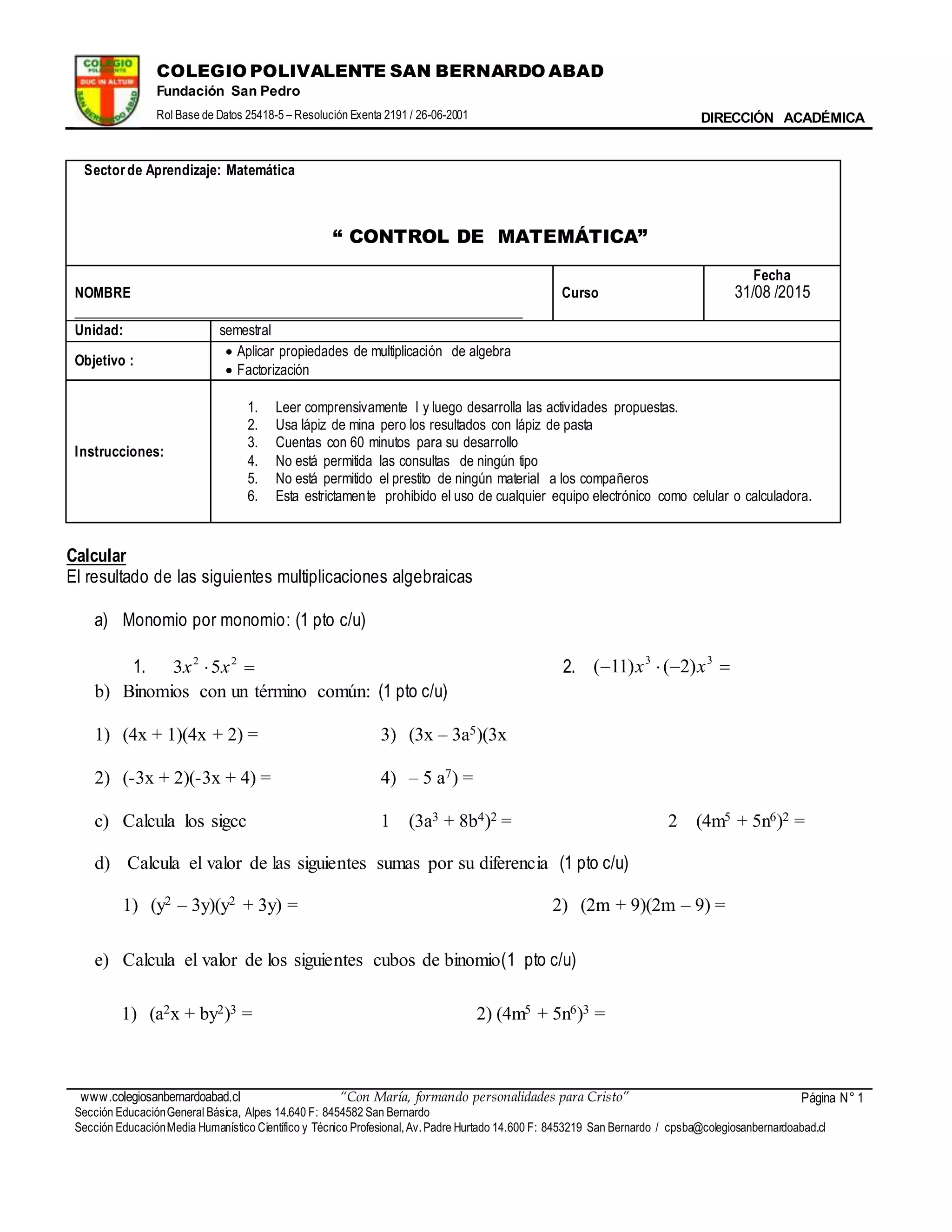 Prueba de algebra | DOCX