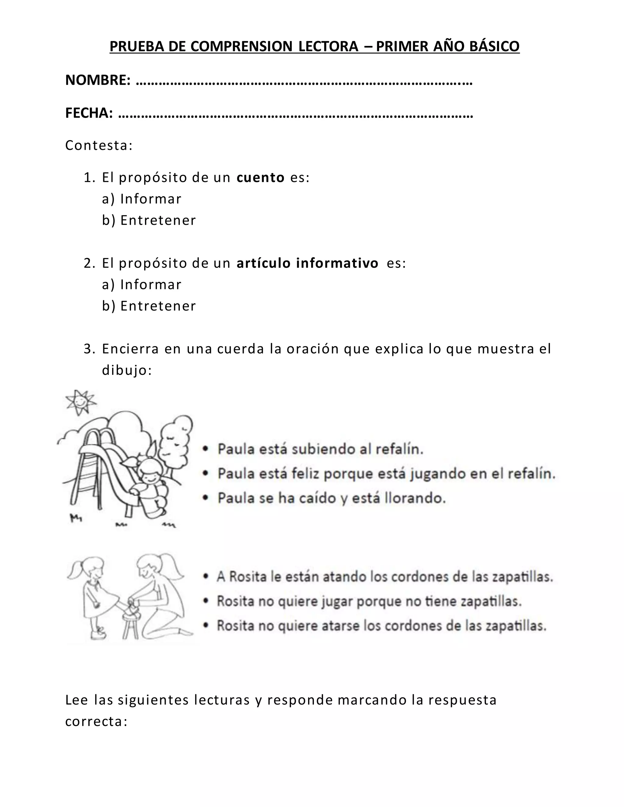 Prueba de comprension lectora primero | DOCX