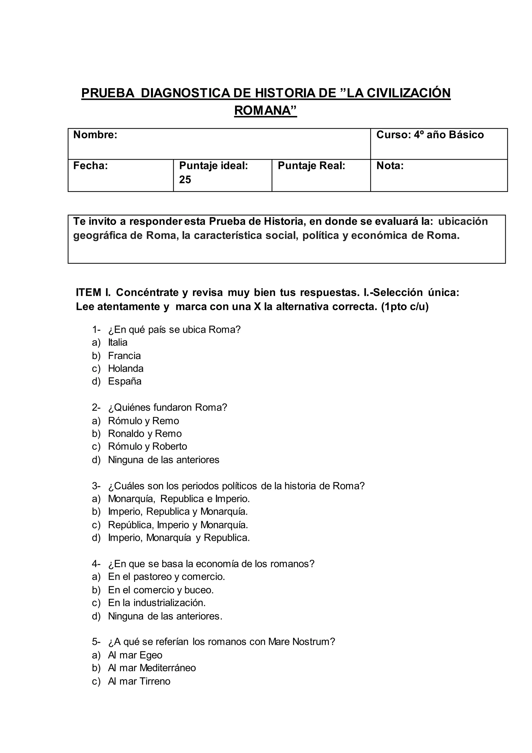 Prueba de diagnostica de historia cuarto | DOCX