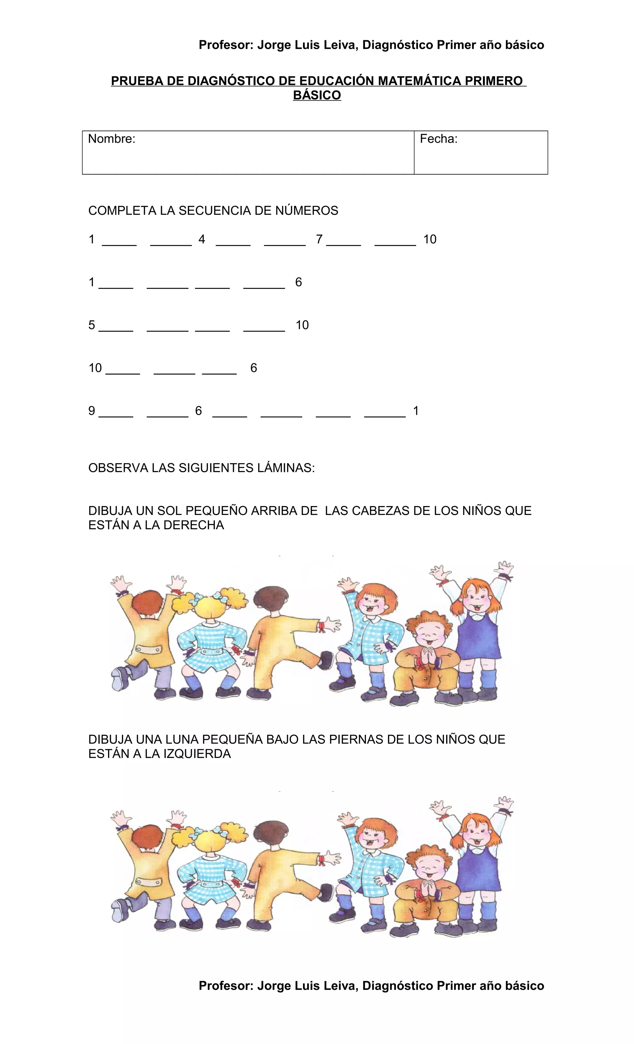 Prueba de diagnostico de educacion matematica primero basico | PDF