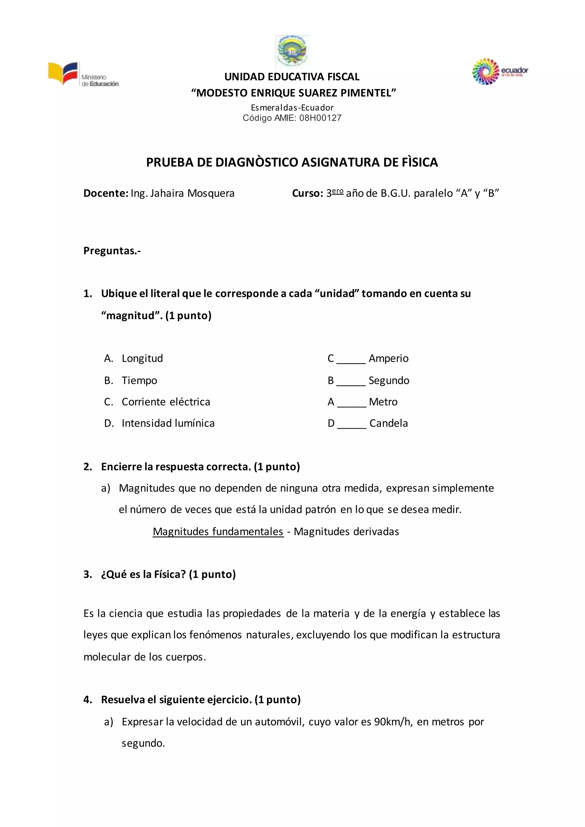 Prueba de Diagnostico de Física para 3 ero B.G.U. | DOCX