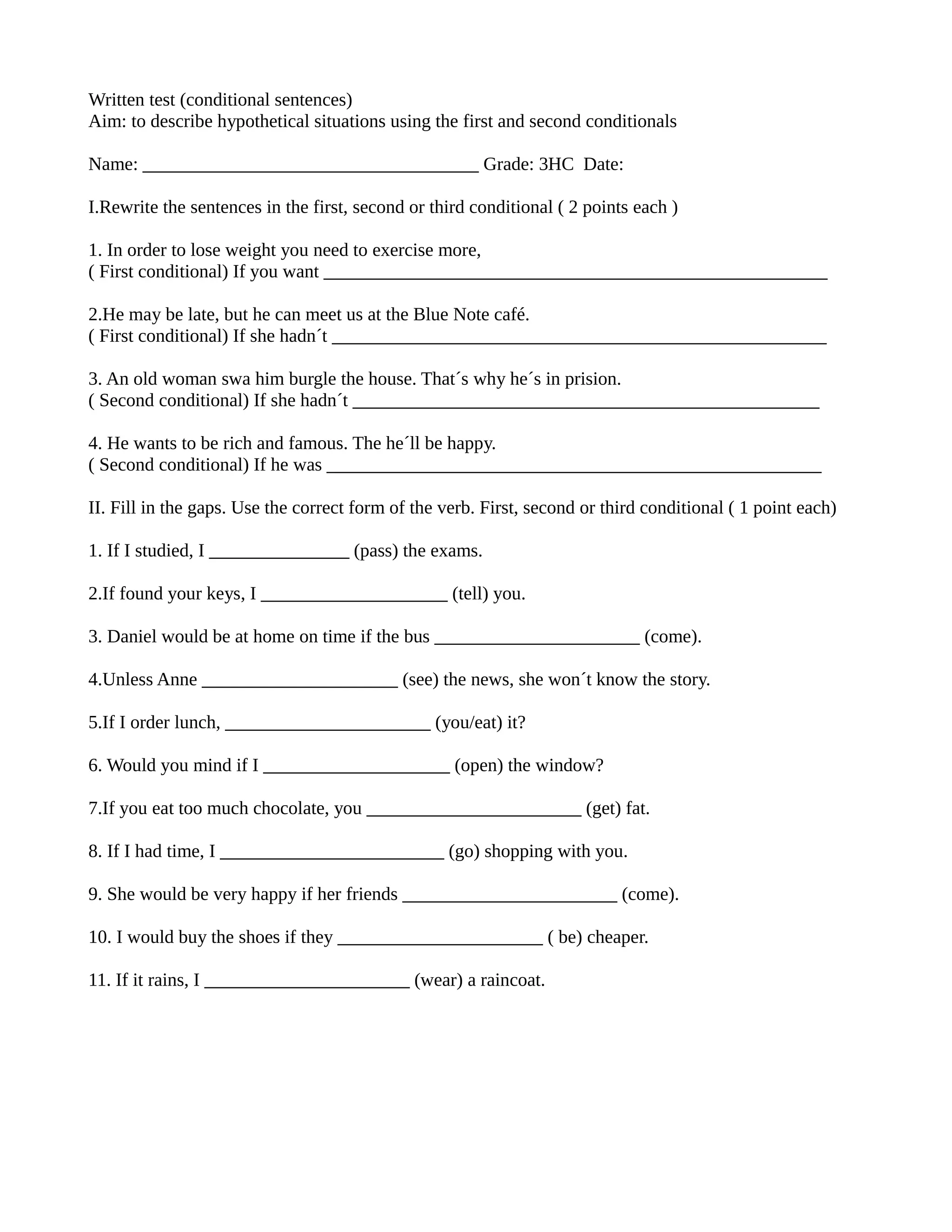 Written test on conditional sentences | PDF
