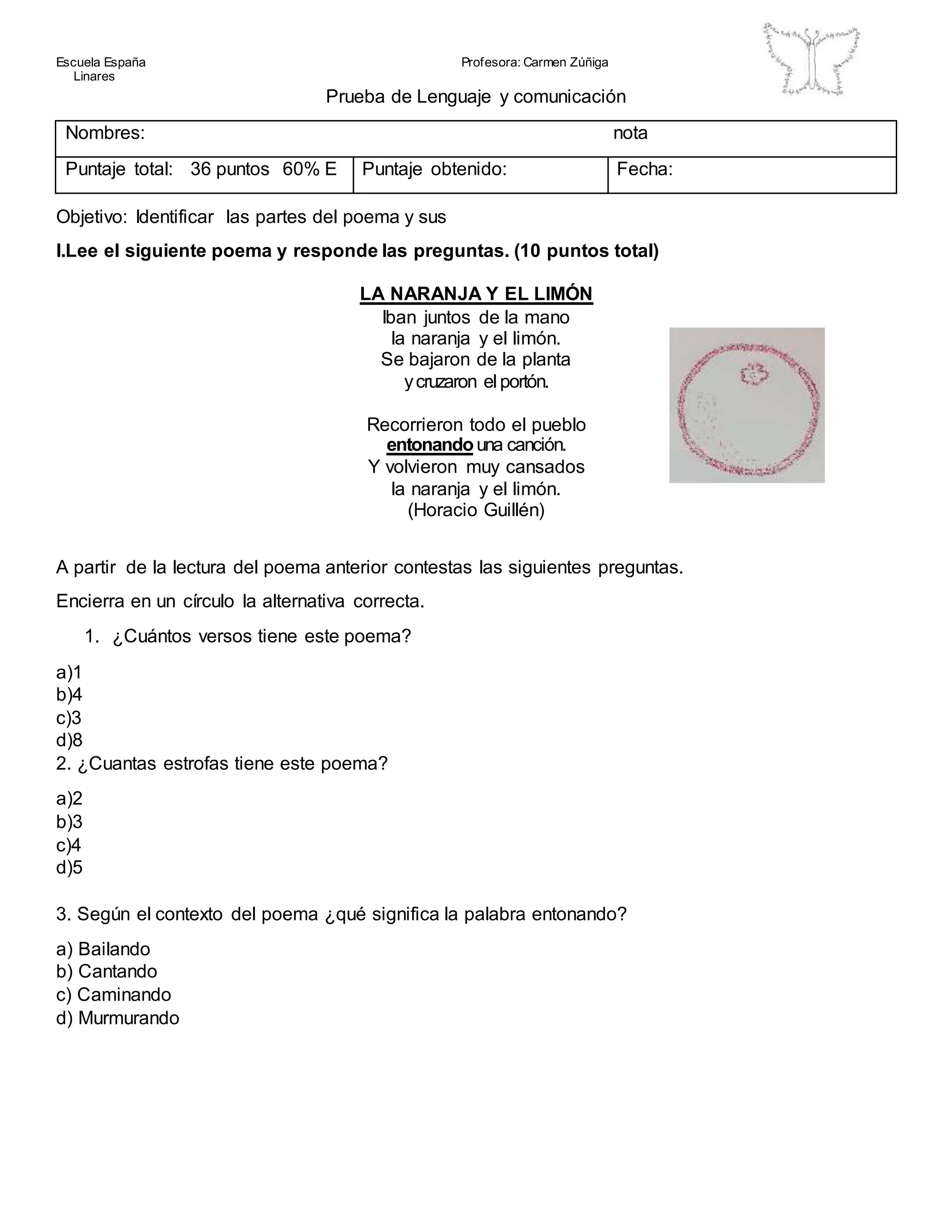 Prueba de lenguaje 4ºpoemas | DOCX