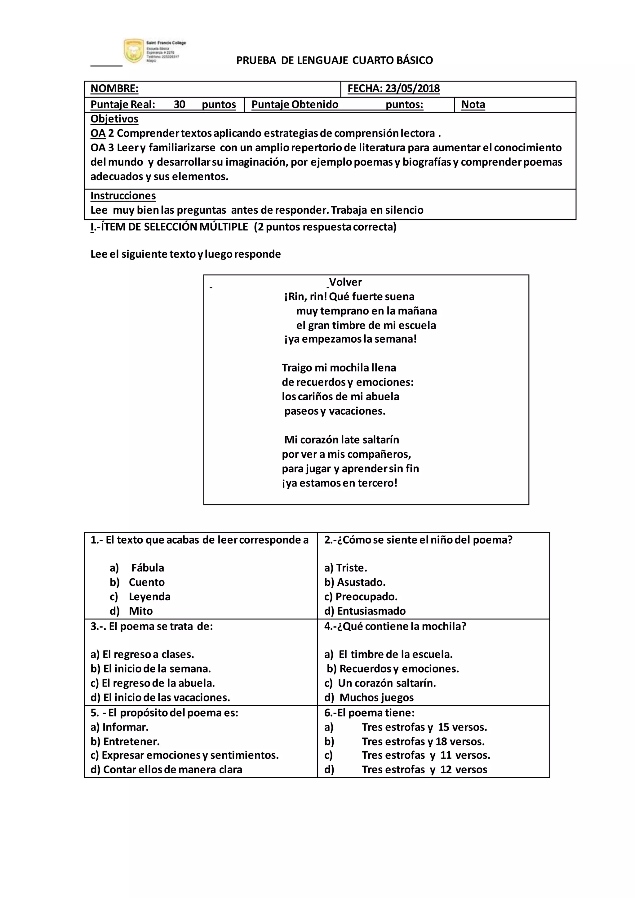 Prueba de lenguaje poemas 111111 | DOCX
