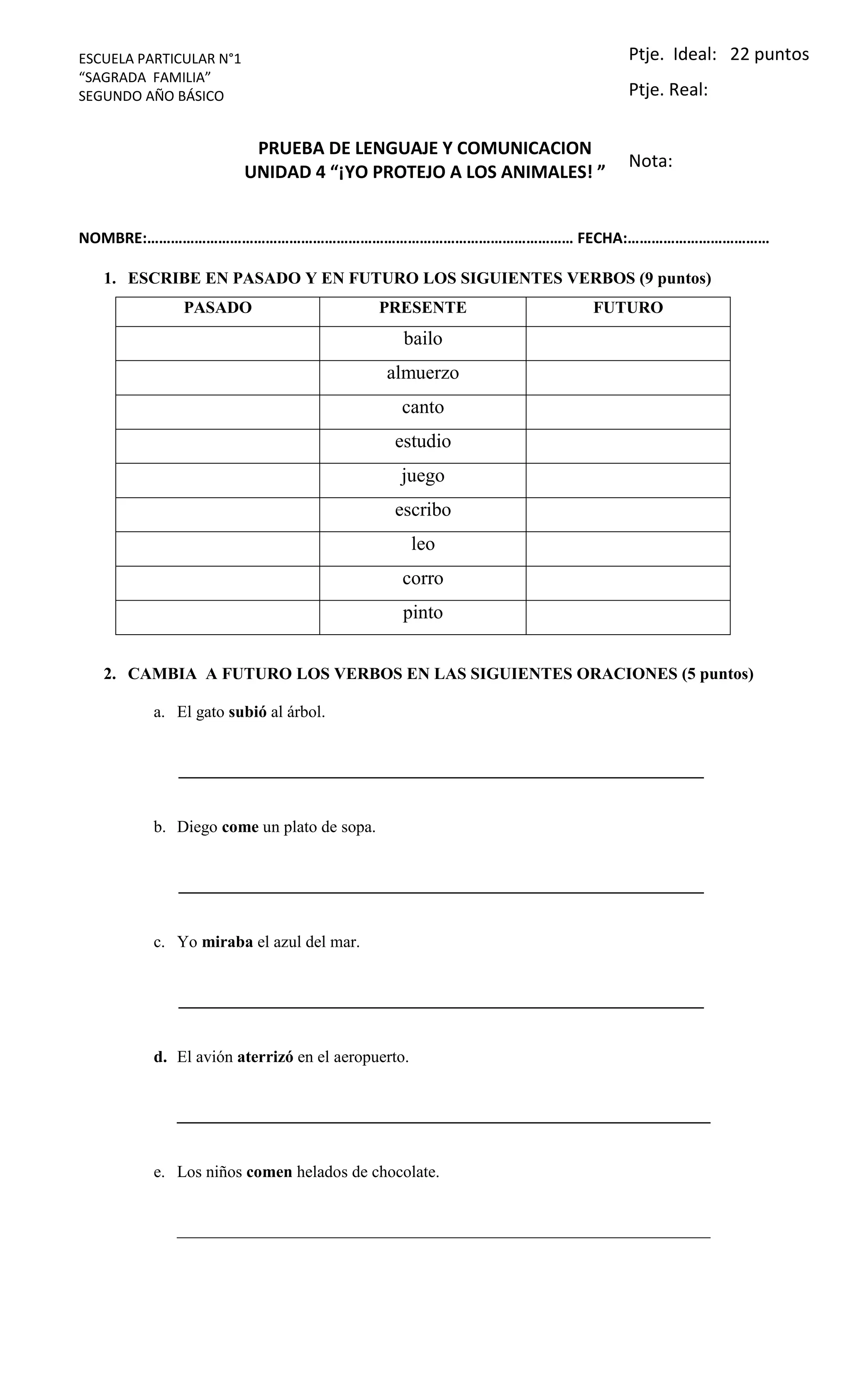 Prueba de lenguaje verbos | PDF